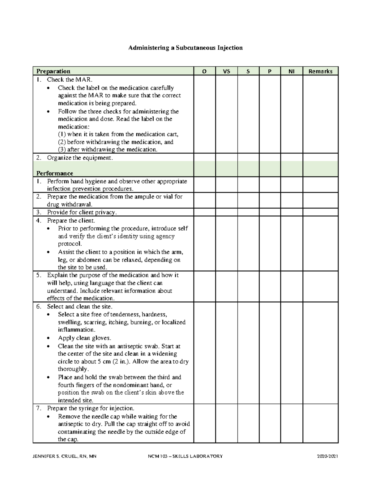 Administering a Subcutaneous Injection Checklist for Return ...
