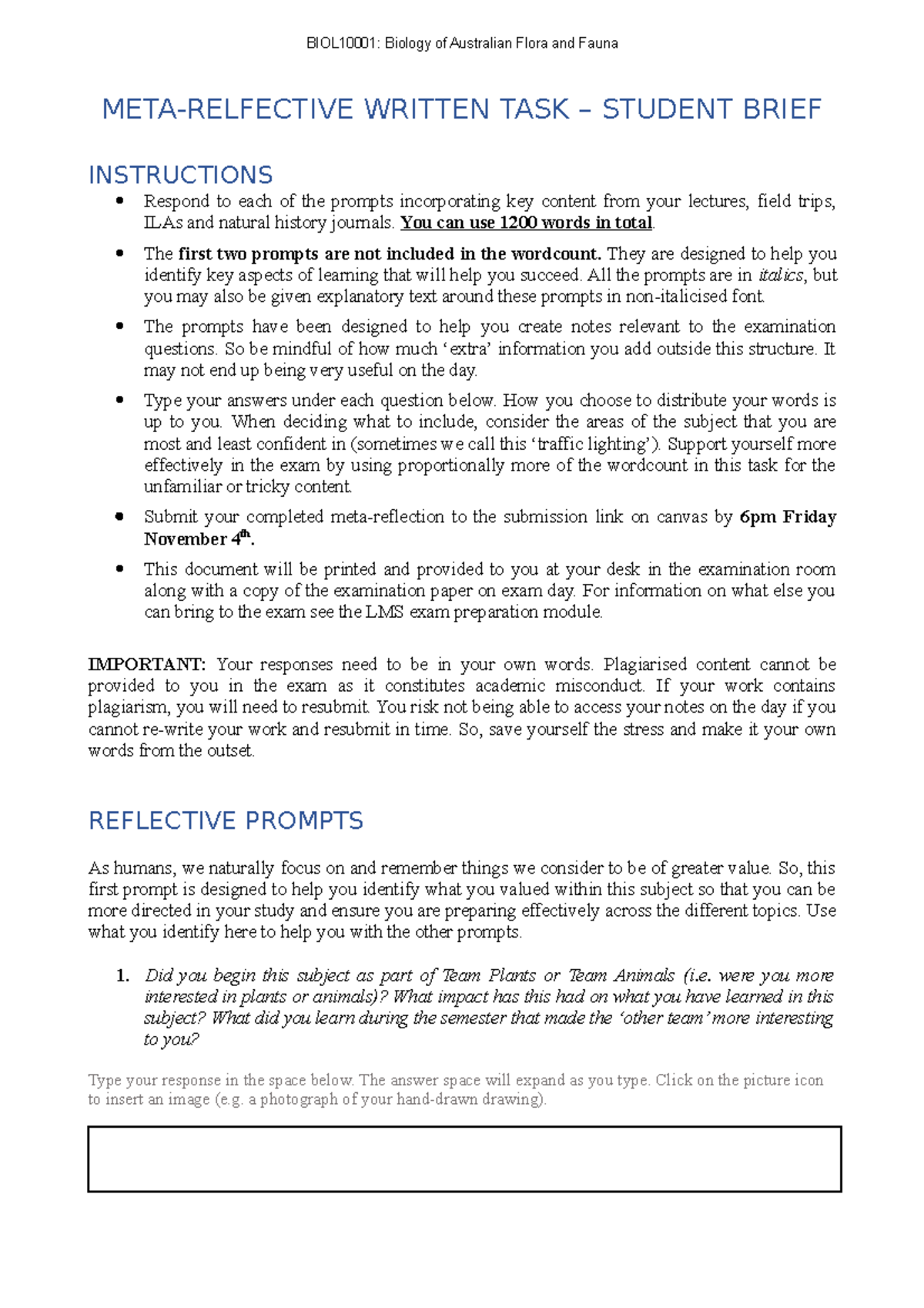 BIOL10001 Meta-Reflection template Final - BIOL10001: Biology of ...