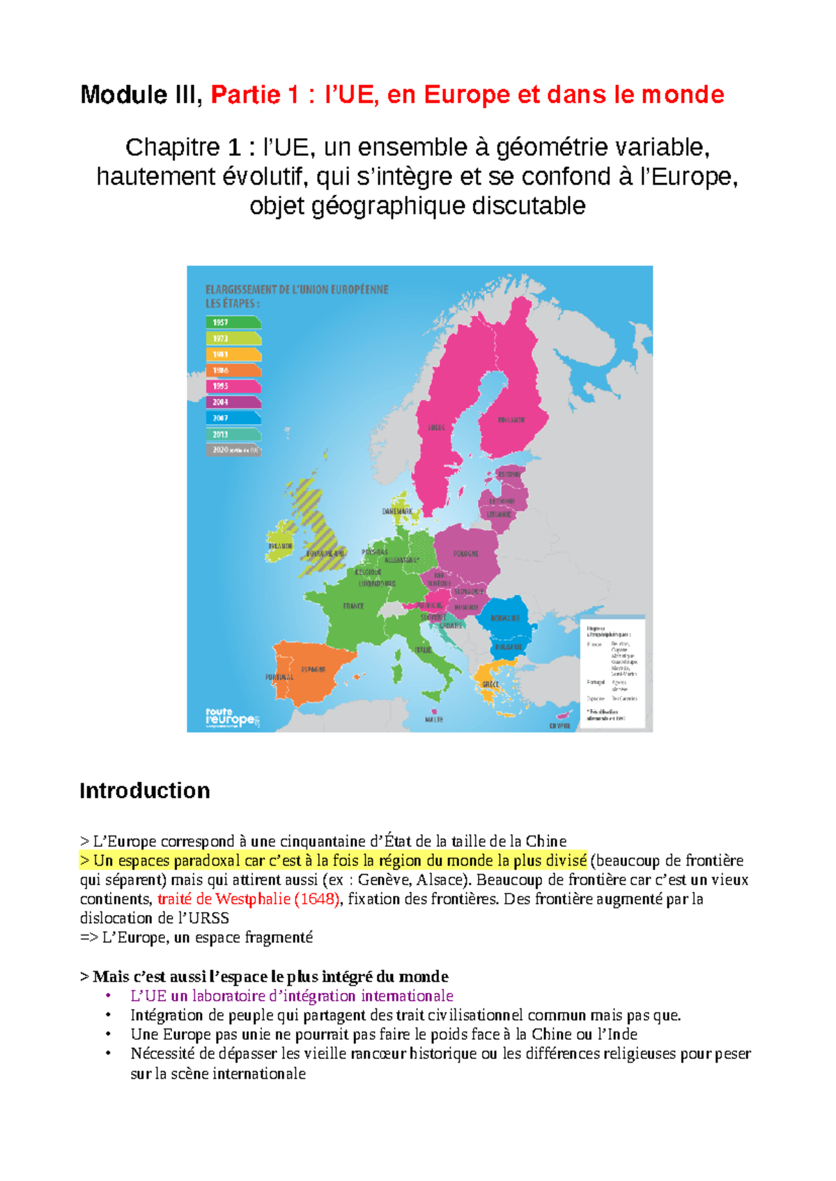 Module III, Partie 1, chapitre 1 - Module III, Partie 1 : l’UE, en Europe et dans le monde ...