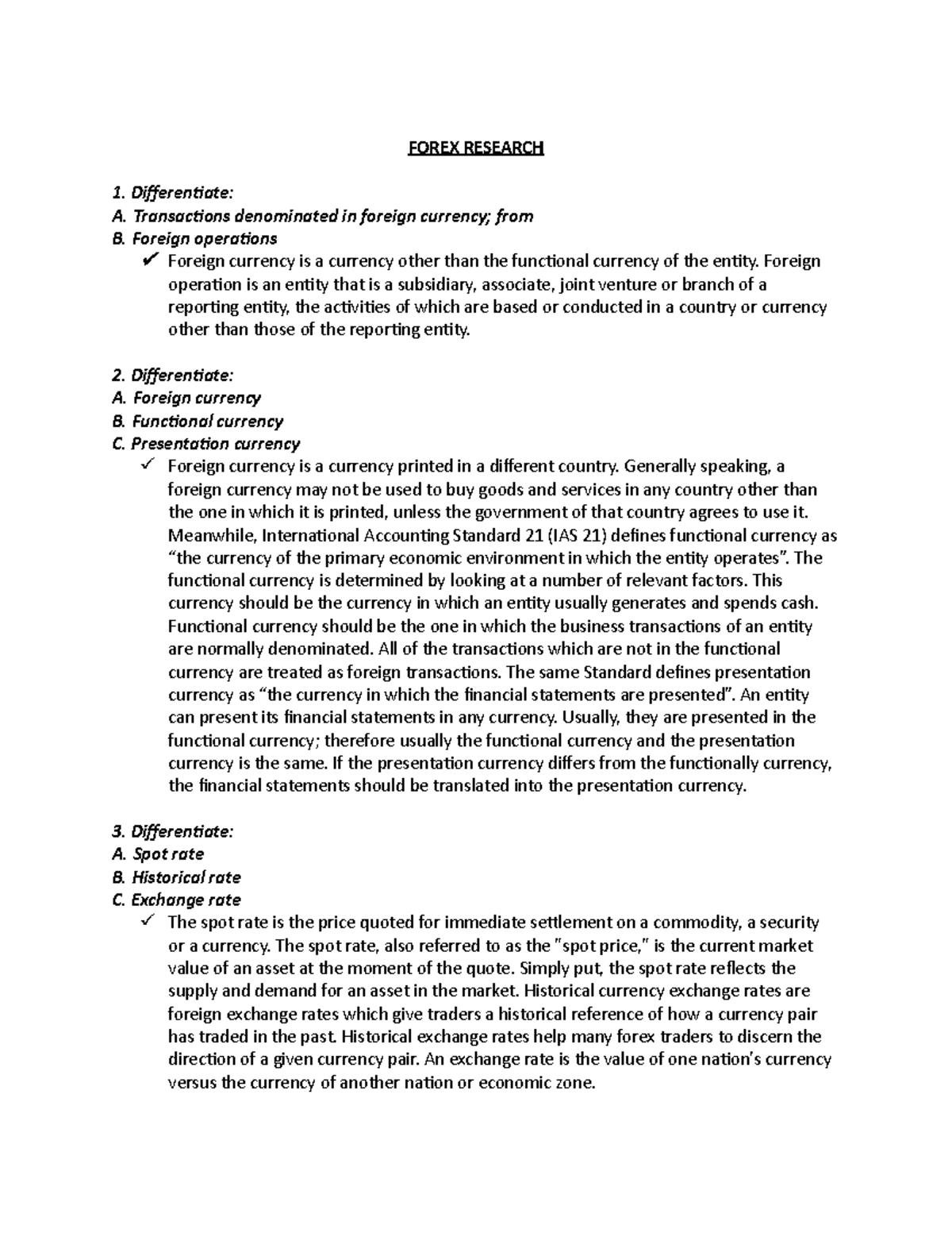 Forex Research - FOREX RESEARCH Differentiate: A. Transactions ...