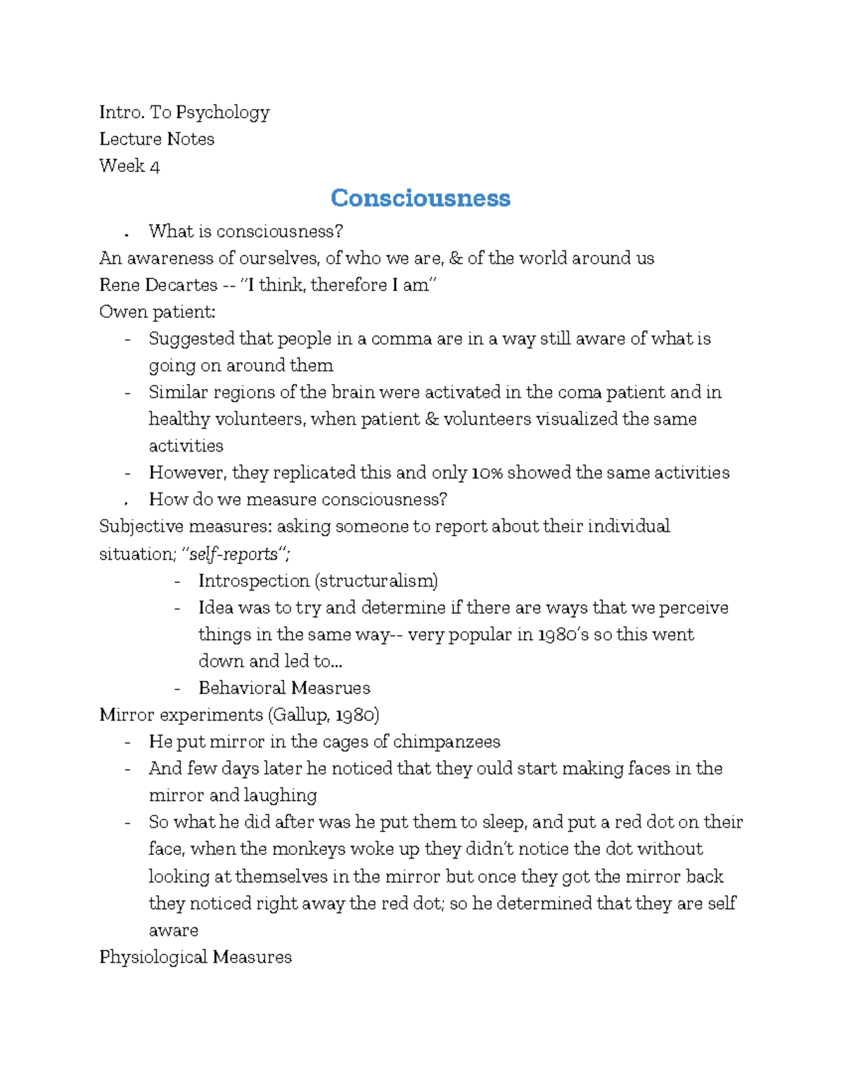 Intro to Psych Lecture Notes - Intro. To Psychology Lecture Notes Week ...