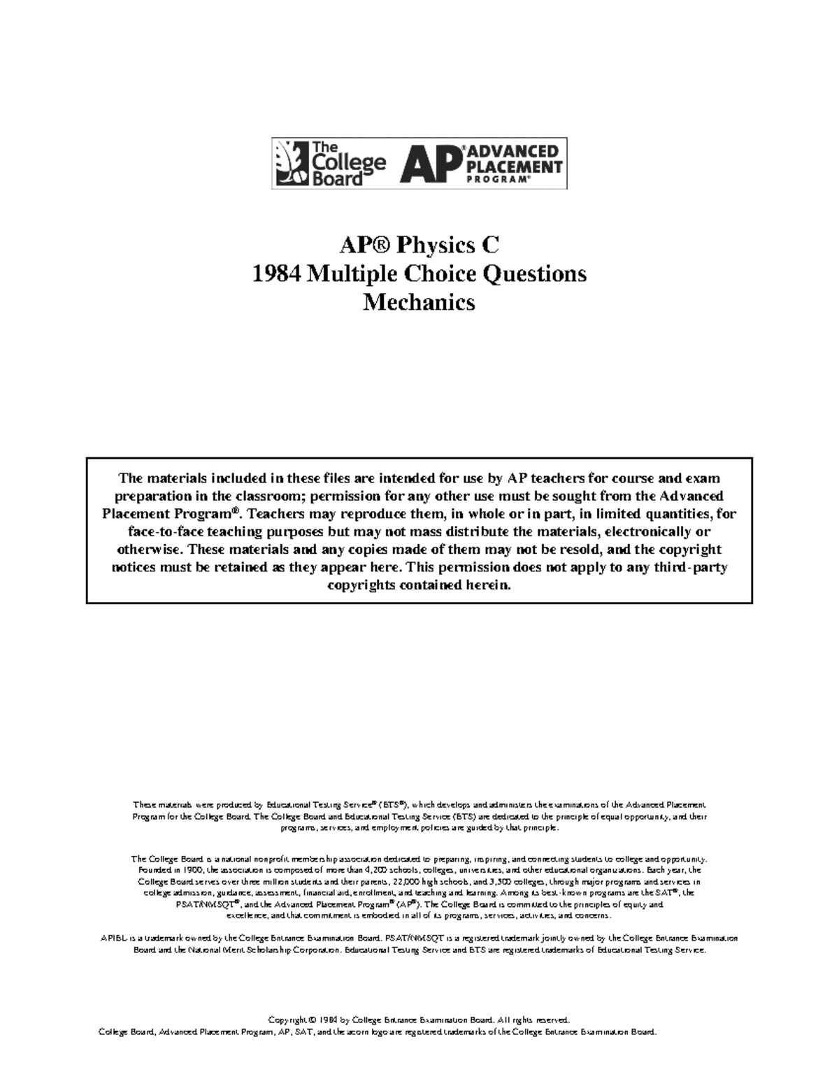 Pdf. AP Physics C~ Mechanics AP Exam 1984 - Copyright © 1984 by College Entrance Examination ...