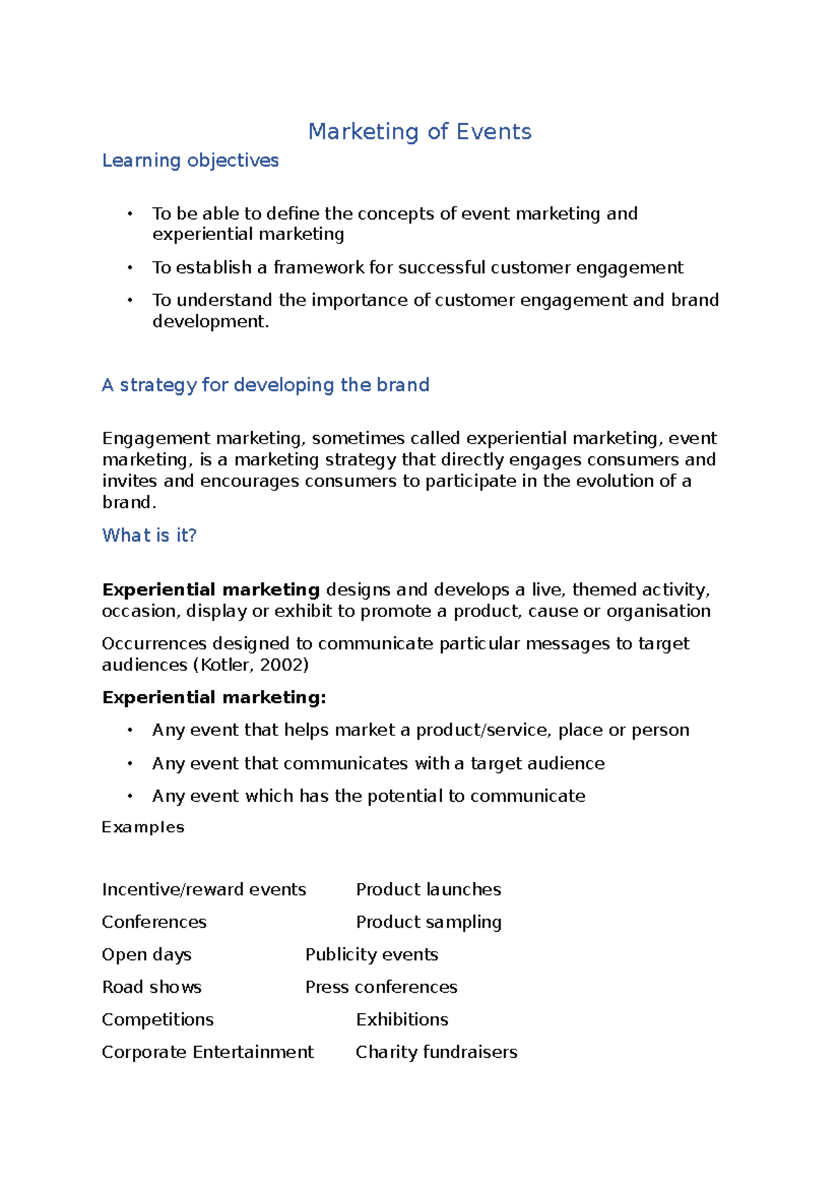 Lecture 7 - notes & guides - Marketing of Events Learning objectives To ...