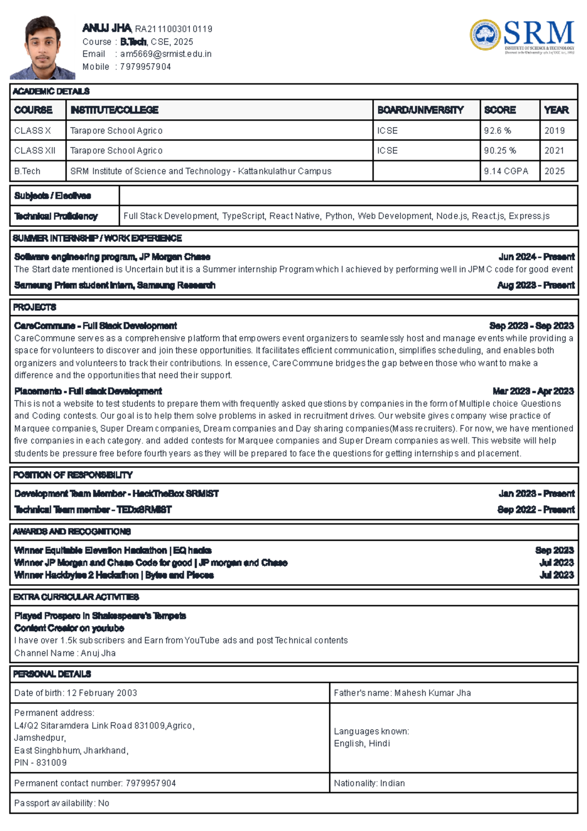 Resume Resume Anuj for ANUJ Jha - ANUJ JHA, RA Course : B, CSE, 2025 ...