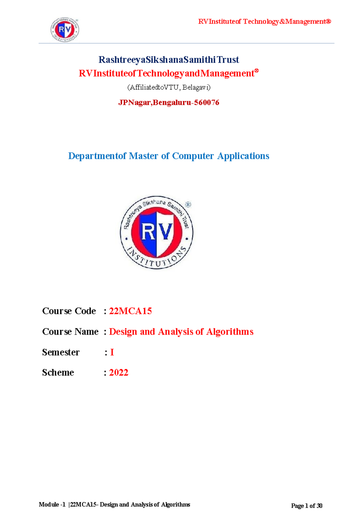 Module 1 DAA - Design and Analysis of Algorithms - RashtreeyaSikshanaSamithiTrust - Studocu
