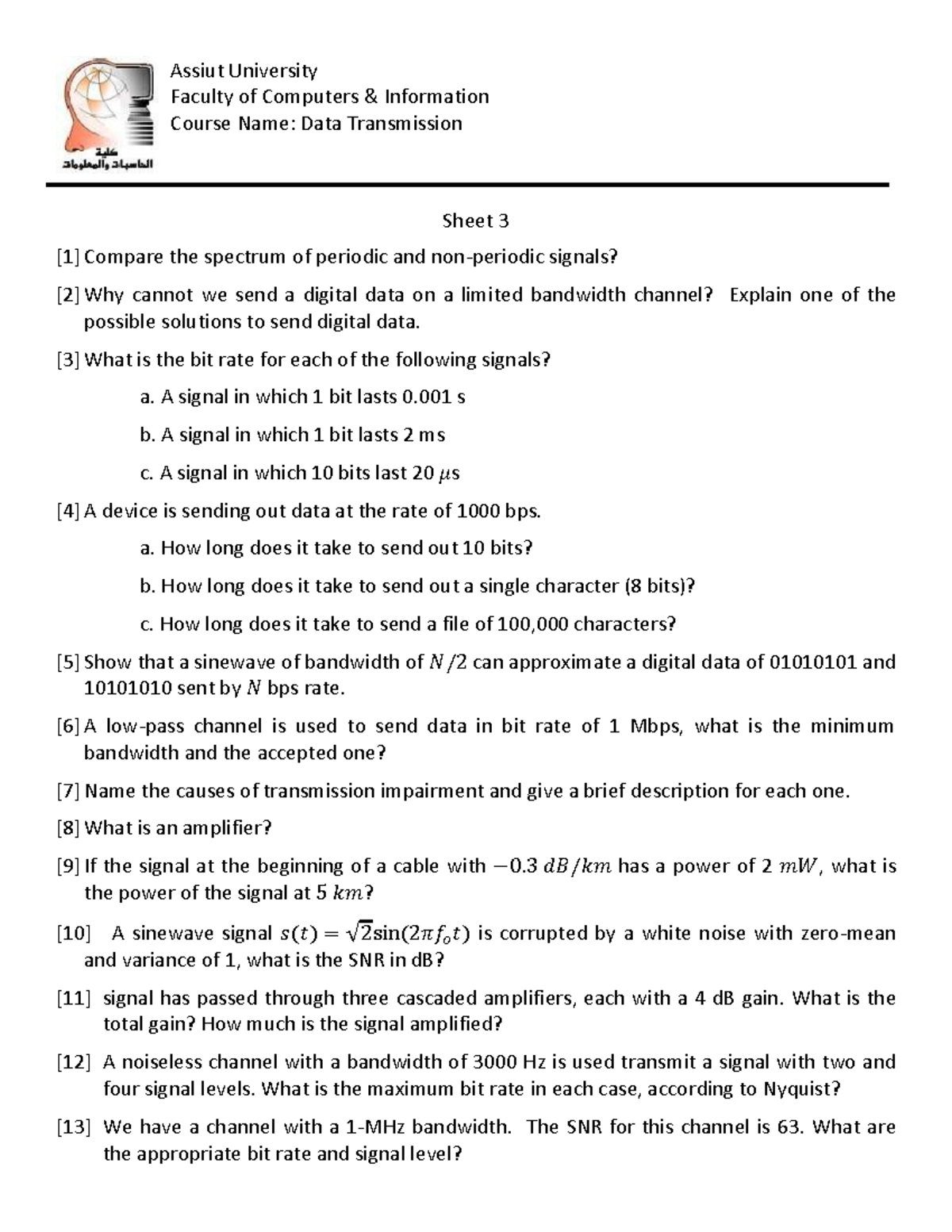 Data Tx Sheet 3 - some exercises for data transmission - Assiut ...