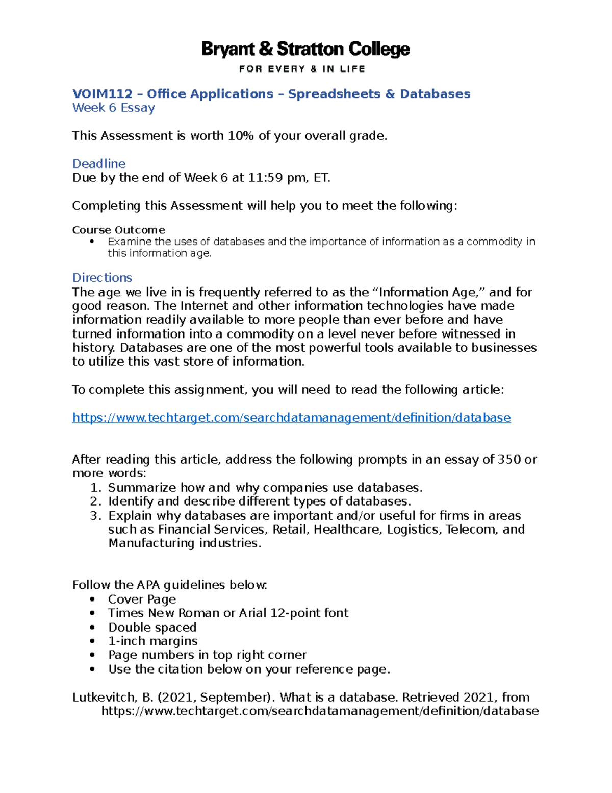 VOIM112 - Week 6 Essay - other - VOIM112 – Office Applications ...