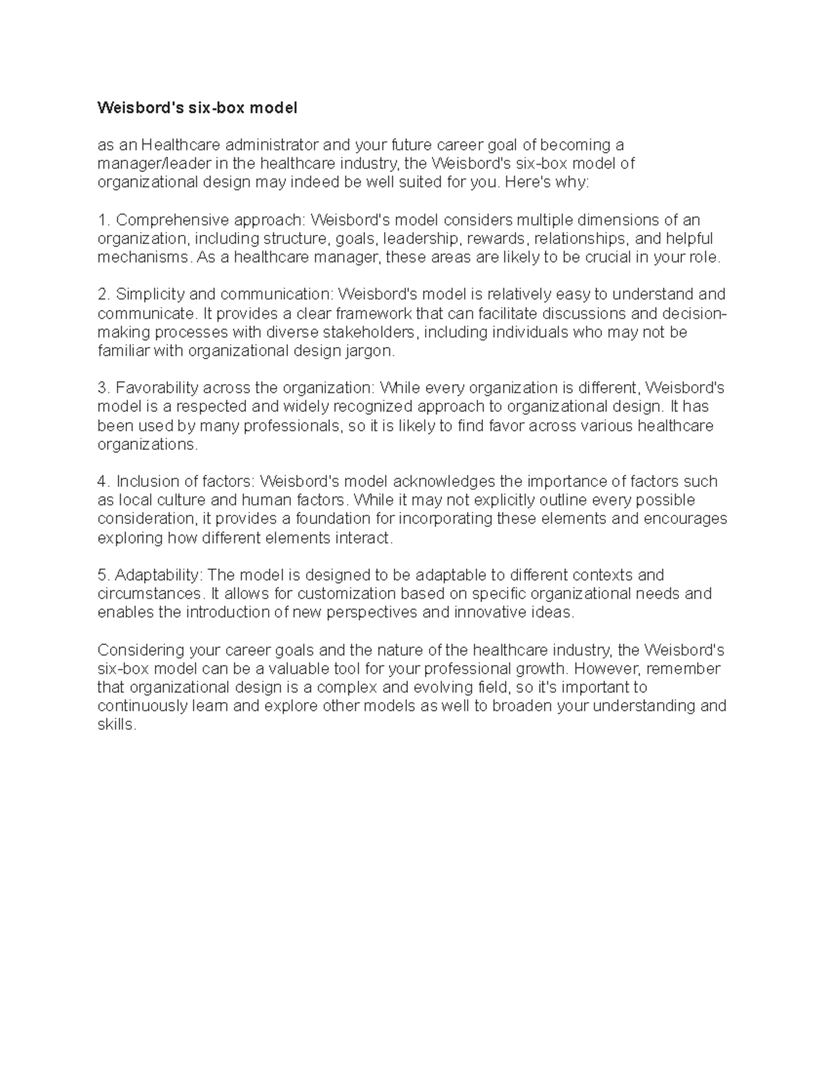 Weisbord Six-Box Model - Weisbord's six-box model as an Healthcare ...