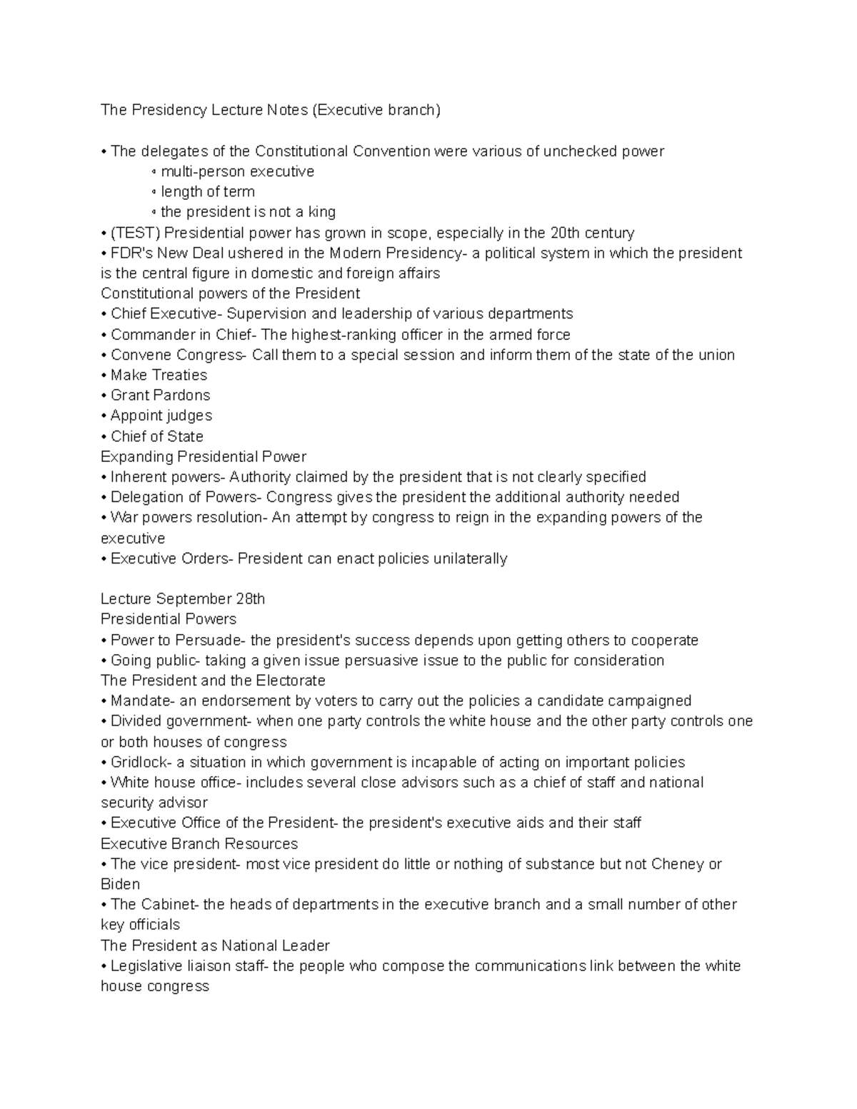 PLS Presidency - The Presidency Lecture Notes (Executive branch) The ...