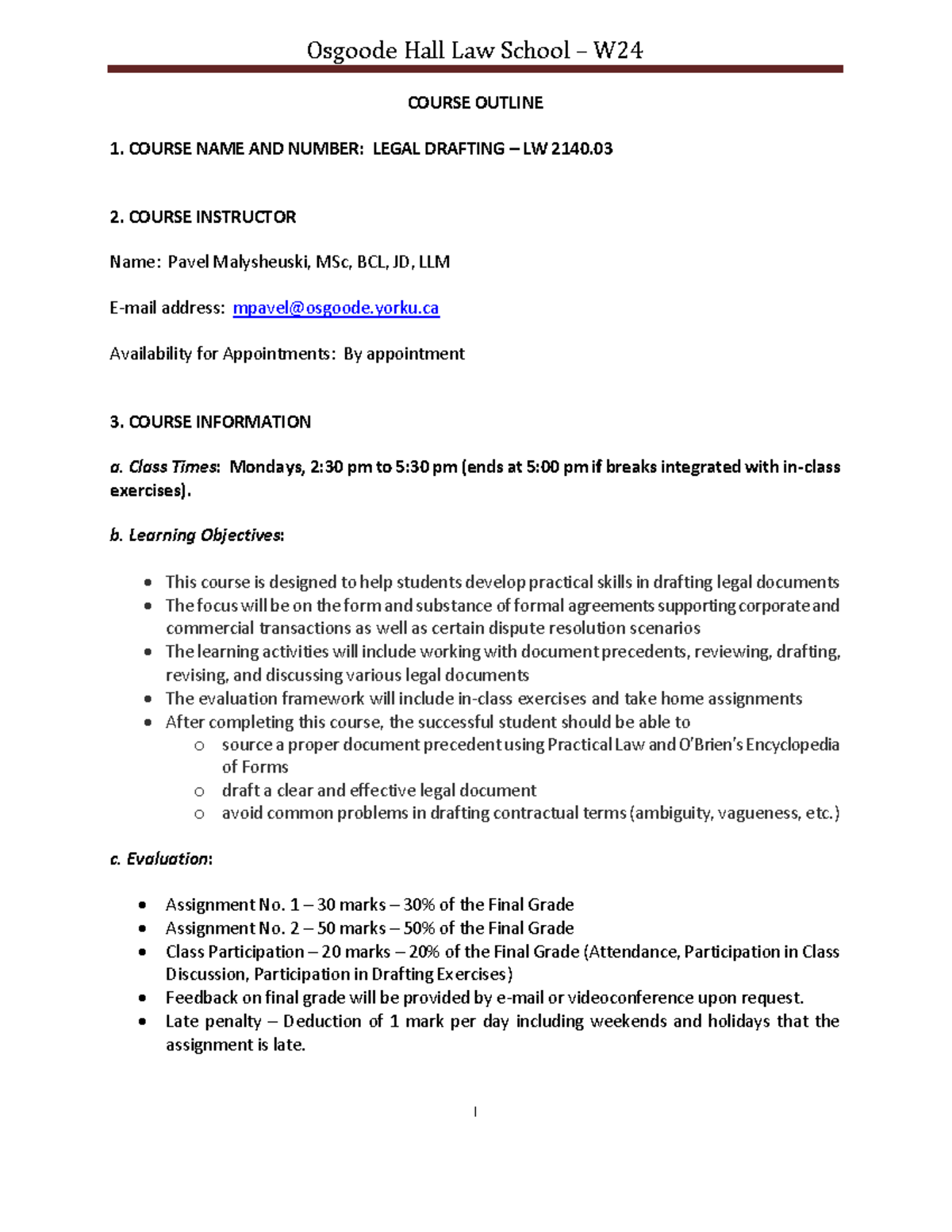 Legal Drafting - LW 2140.03 - W24 - Updated Course Outline - COURSE ...
