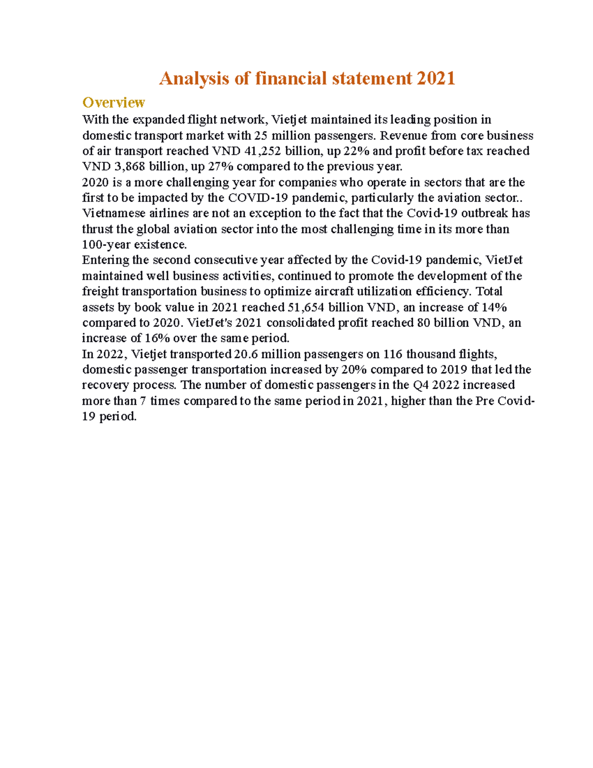 Analysis of financial statement 2021 - Revenue from core business of ...