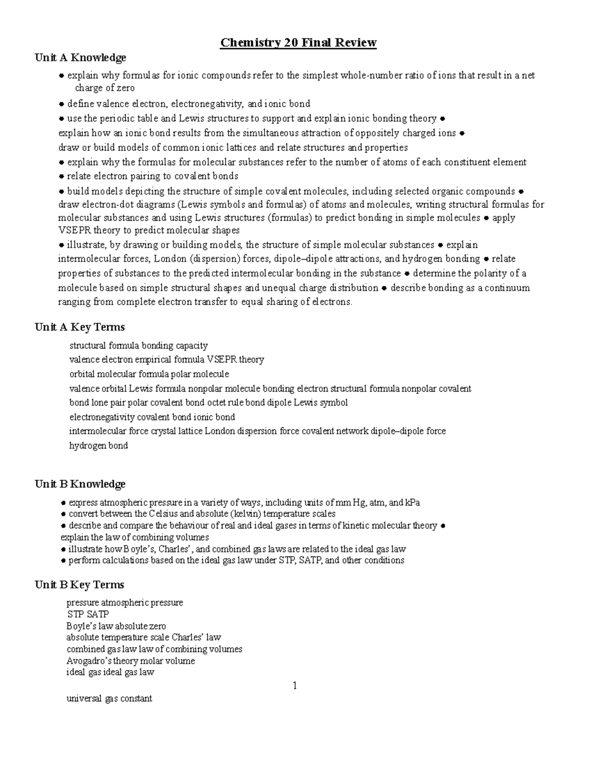 Chemistry 20 Final Exam Review - Chemistry 20 Final Review Unit A ...
