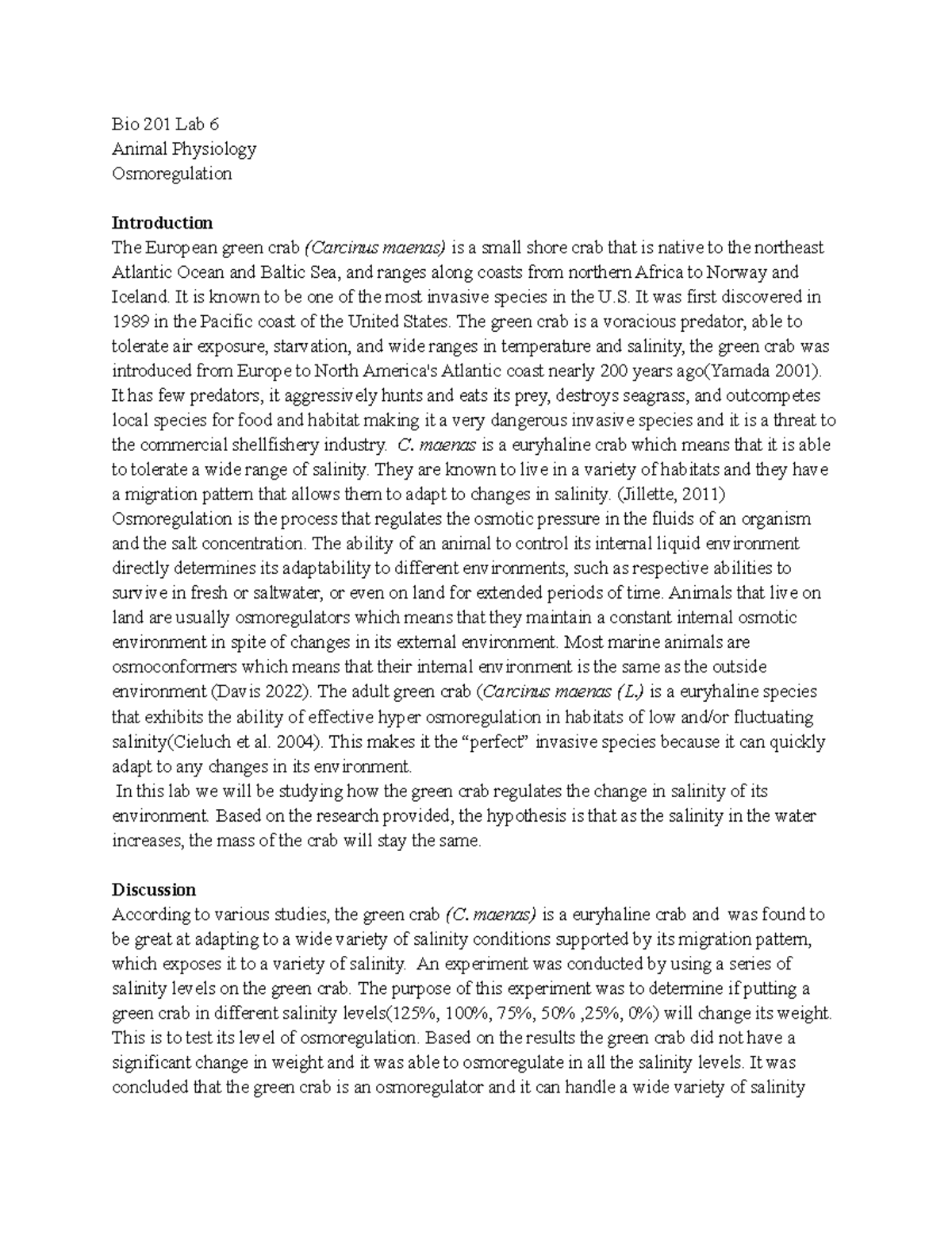 Osmoregulation lab report - Bio 201 Lab 6 Animal Physiology ...