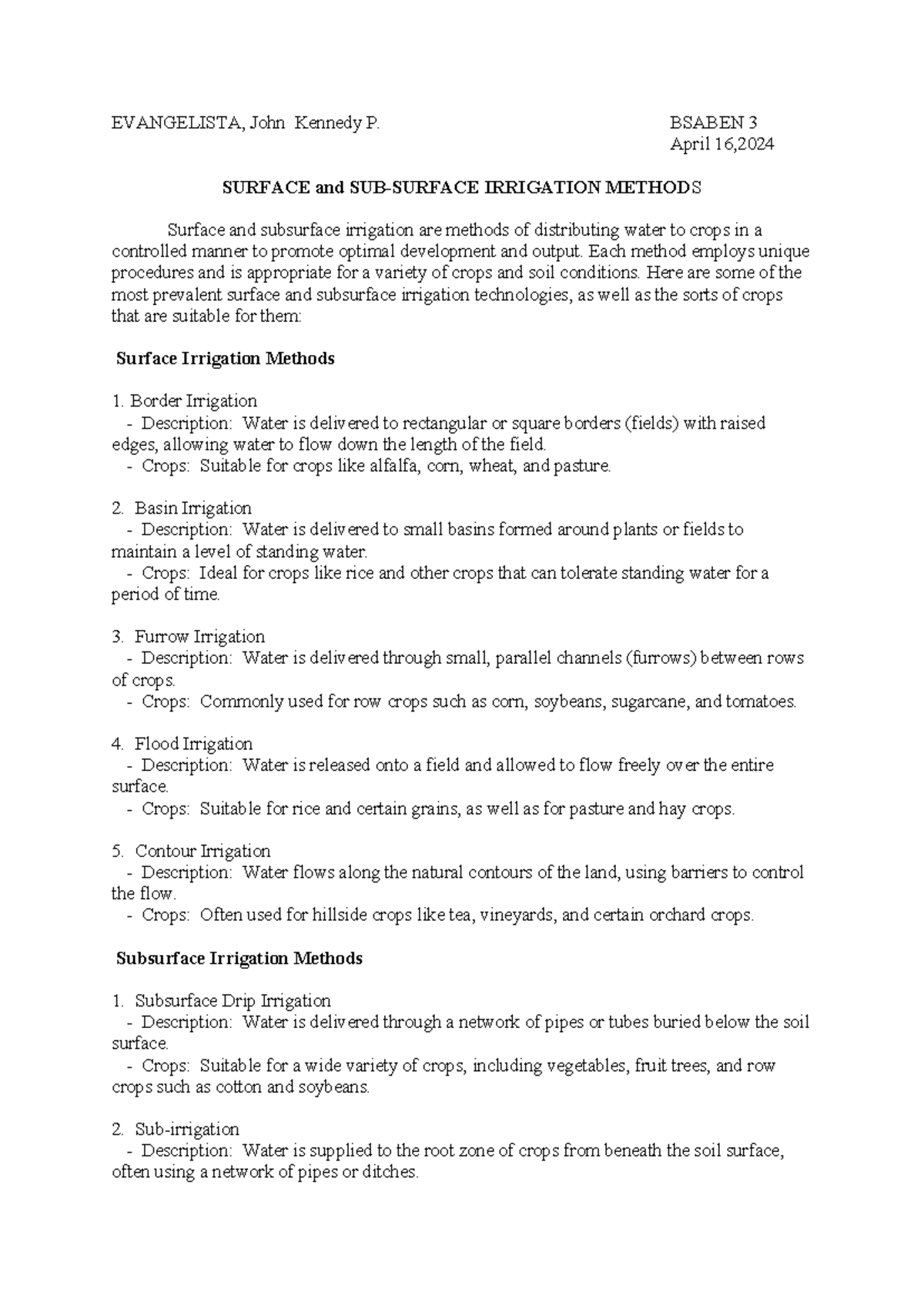 Surface and Subsurface Irrigation Method - EVANGELISTA, John Kennedy P ...