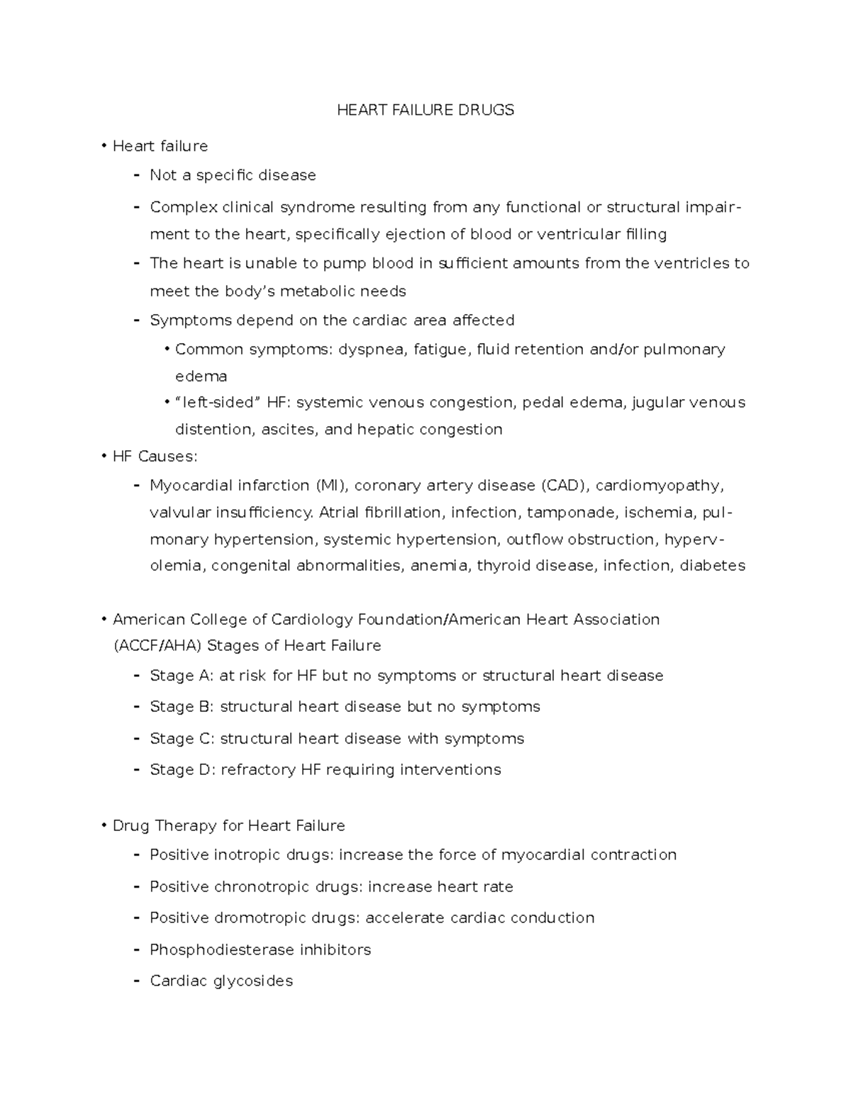 Pharm 2 heart failure notes - HEART FAILURE DRUGS •Heart failure - Not ...
