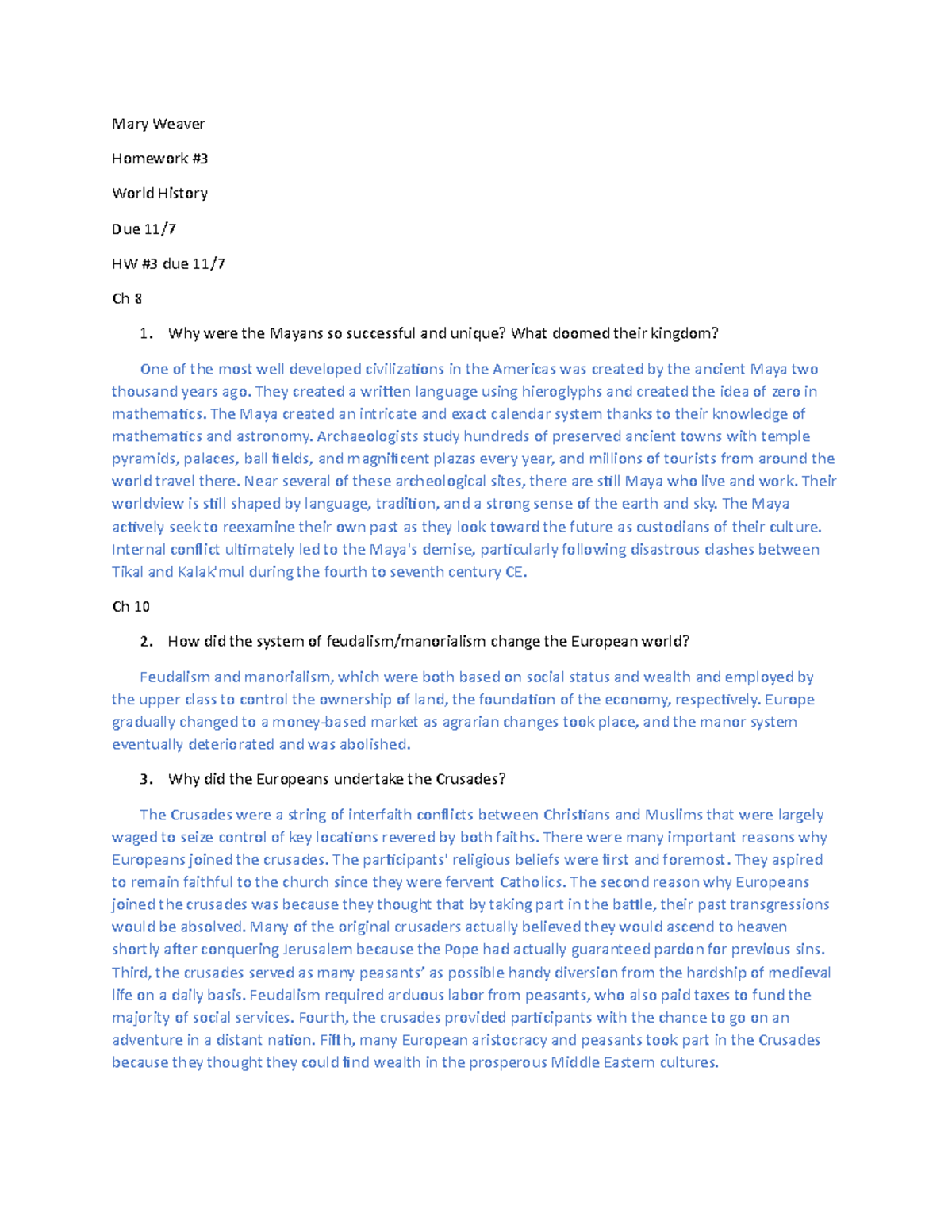 World History Homework #3 - Mary Weaver Homework # World History Due 11 ...