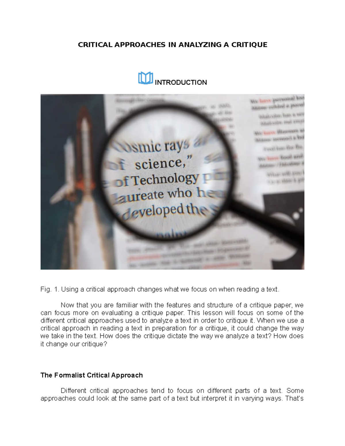 Critical Approaches IN Analyzing A Critique - CRITICAL APPROACHES IN ...