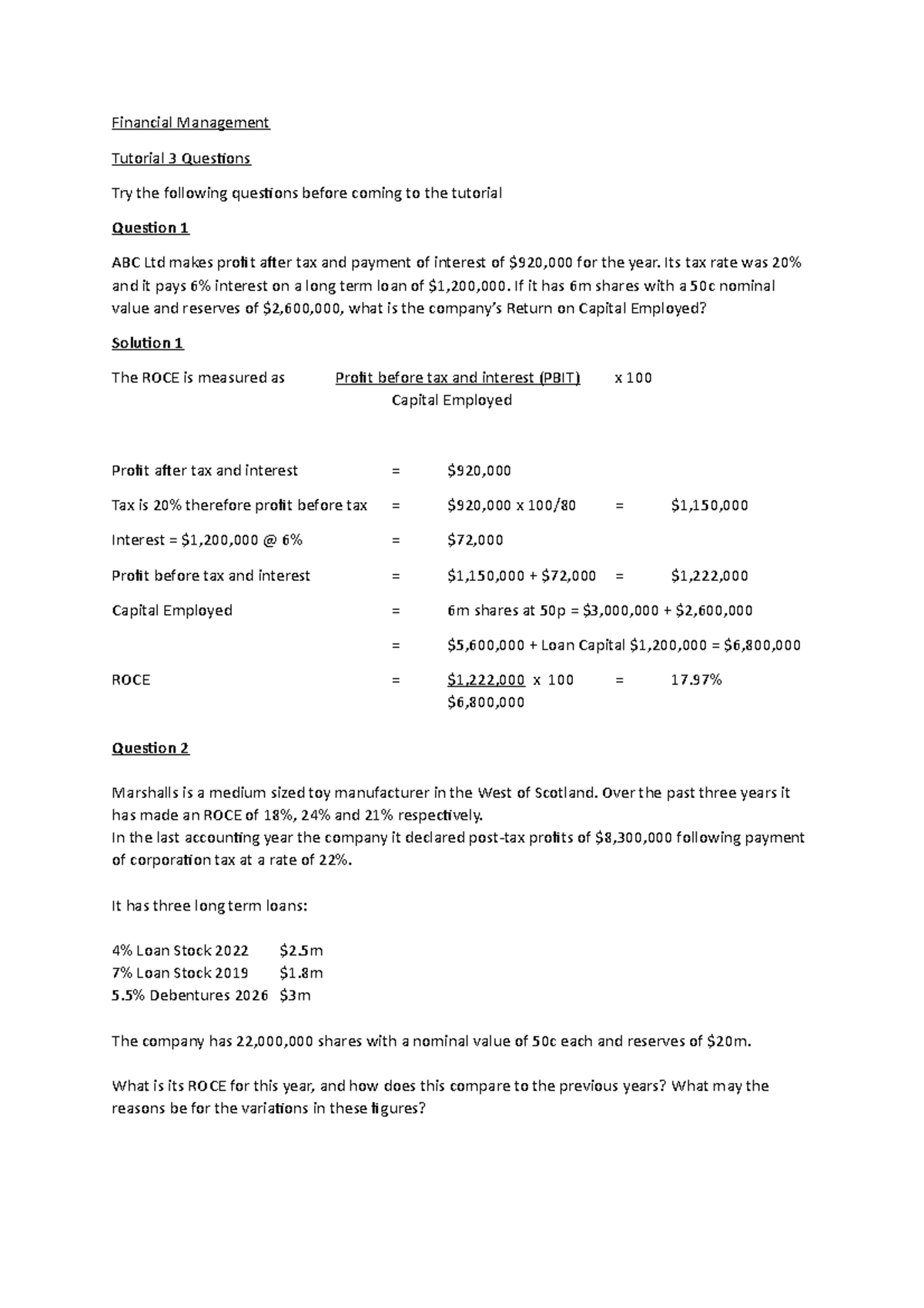 Tutorial 3 Solutions - Financial Management Tutorial 3 Questions Try ...