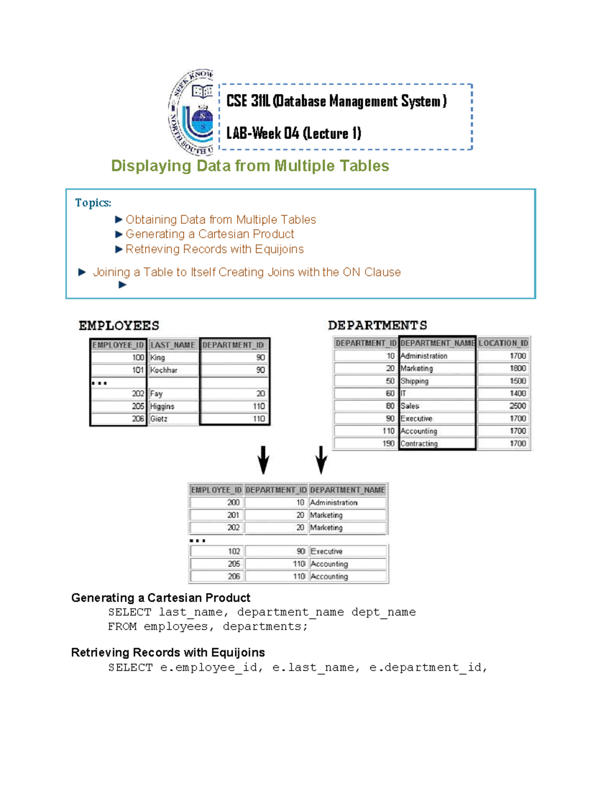 311L W4 - lab - CSE 311L(Database Management System) LAB-Week 04 (Lecture 1) Displaying Data ...