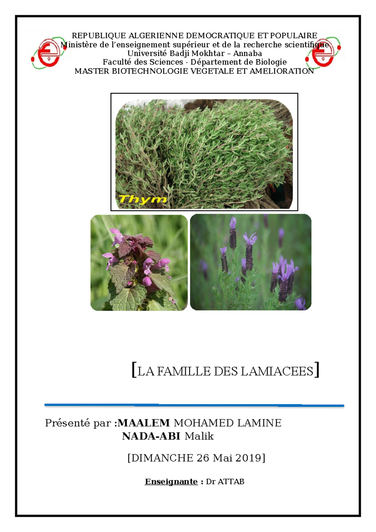 LA Famille DES Lamiacees - REPUBLIQUE ALGERIENNE DEMOCRATIQUE ET ...