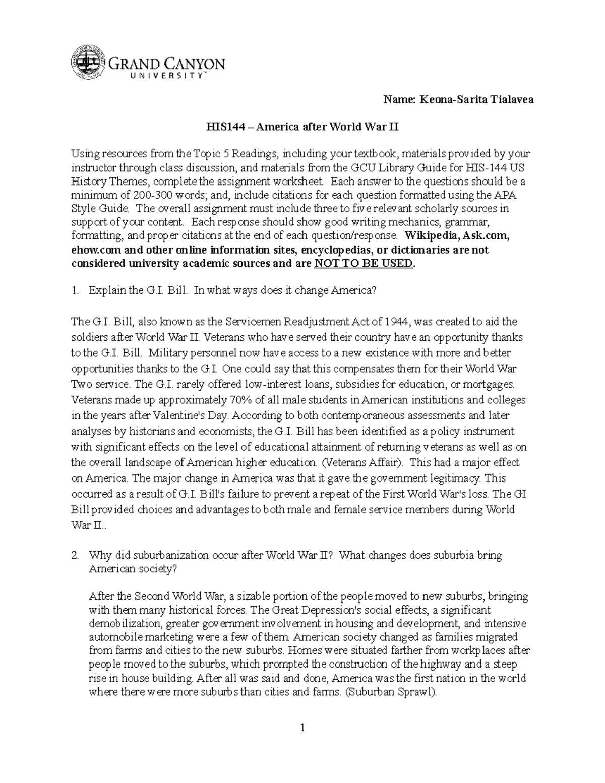 America after WWII Worksheet - Name: Keona-Sarita Tialavea HIS144 ...