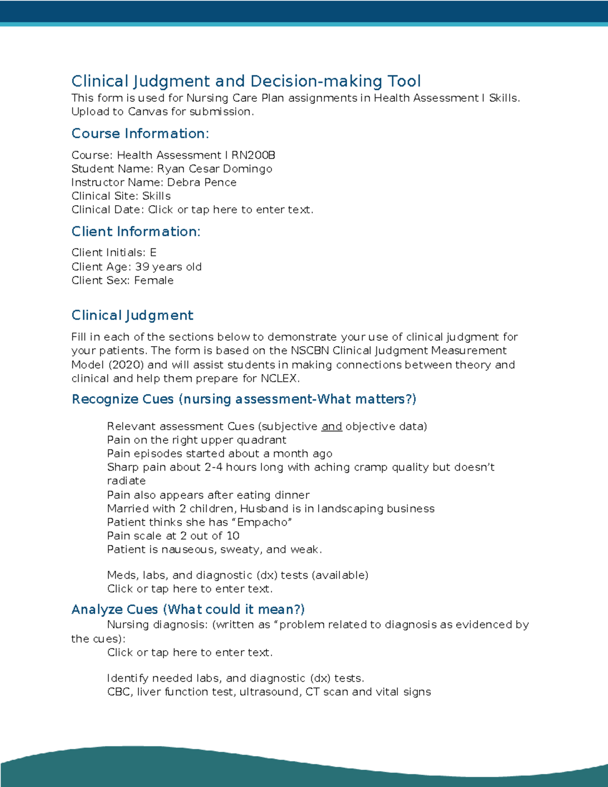 CJ Care Plan 2 - Clinical Judgment and Decision-making Tool This form ...