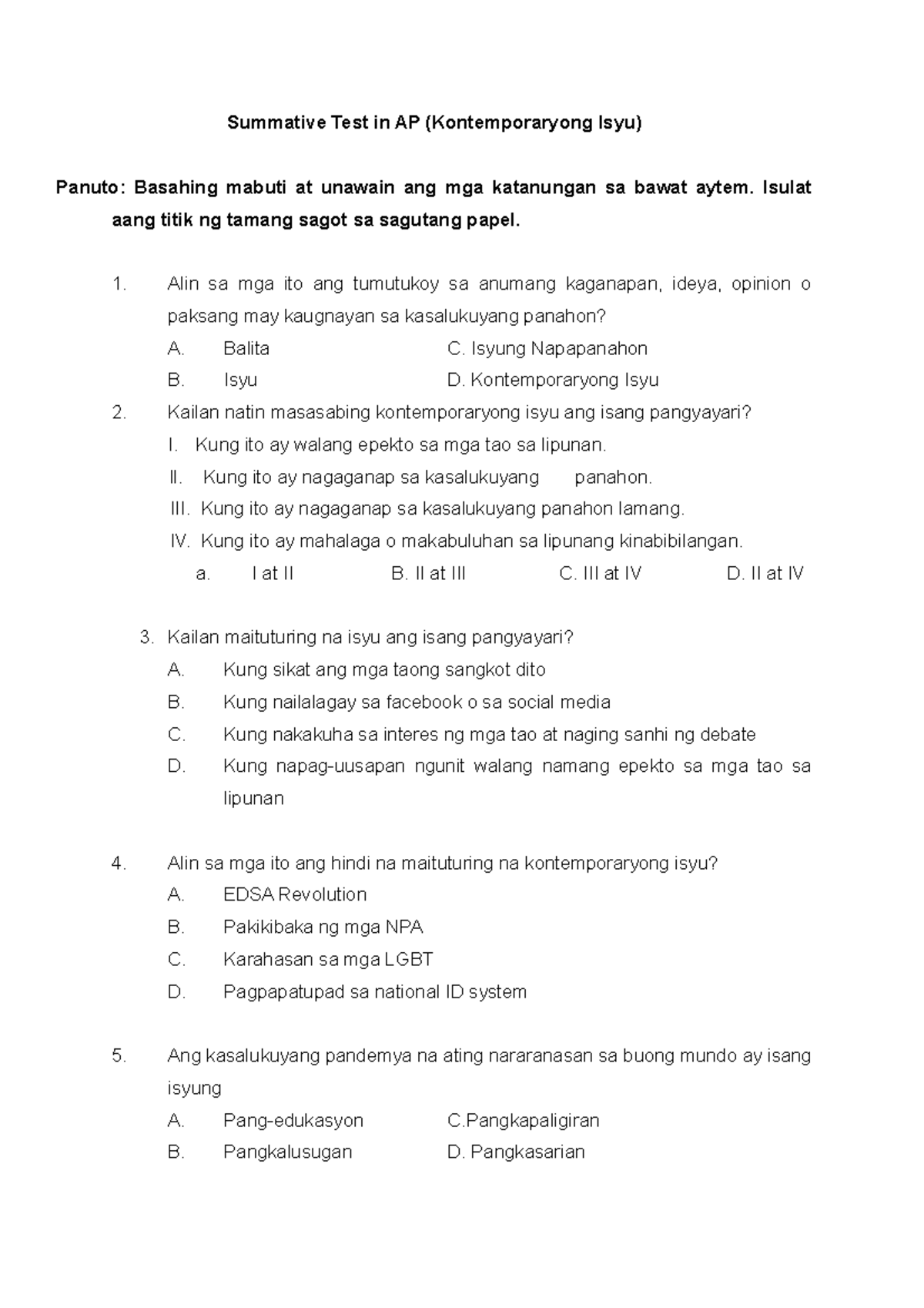 AP 10 First summative - Melcs bases - Summative Test in AP ...