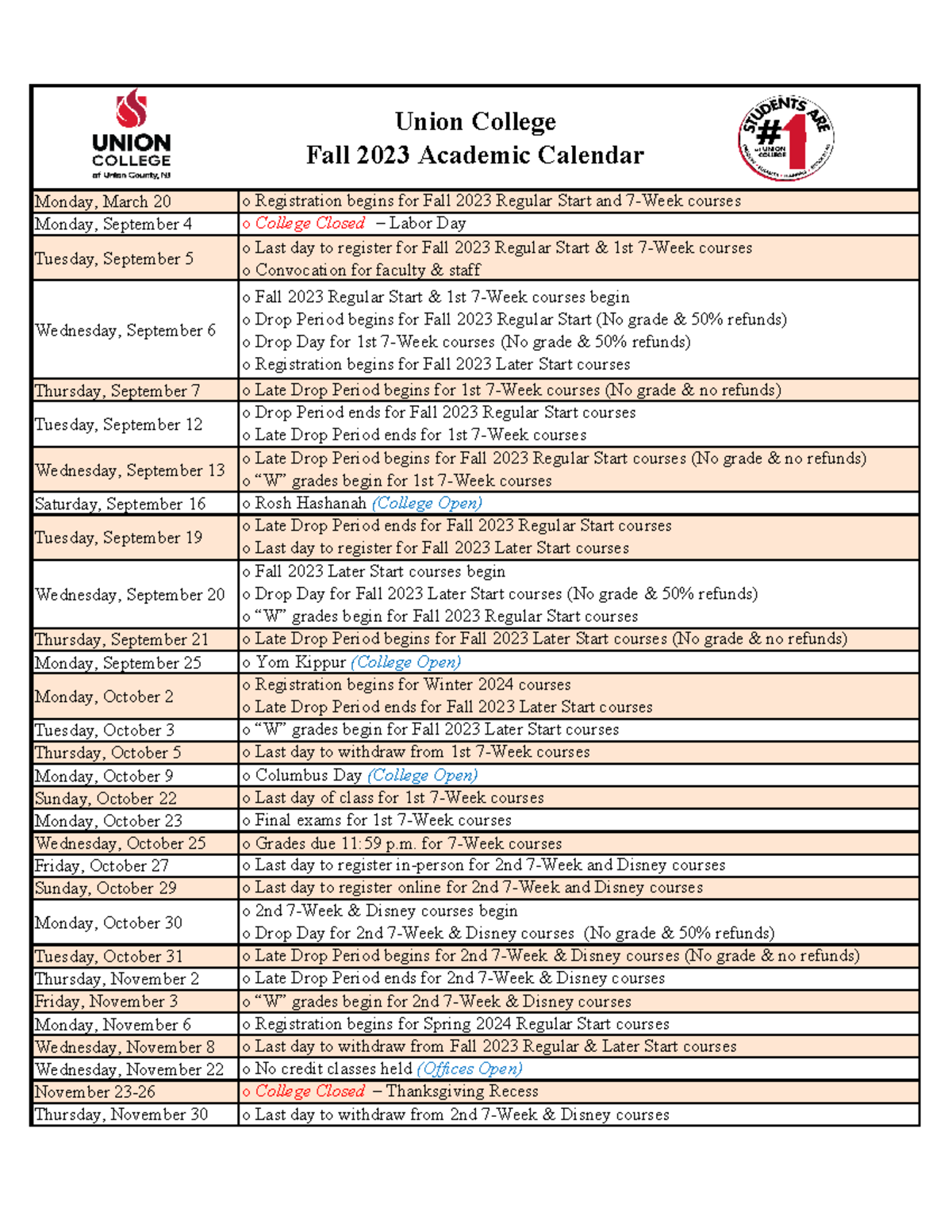Fall 2023 Academic Calendar - Monday, March 20 o Registration begins ...