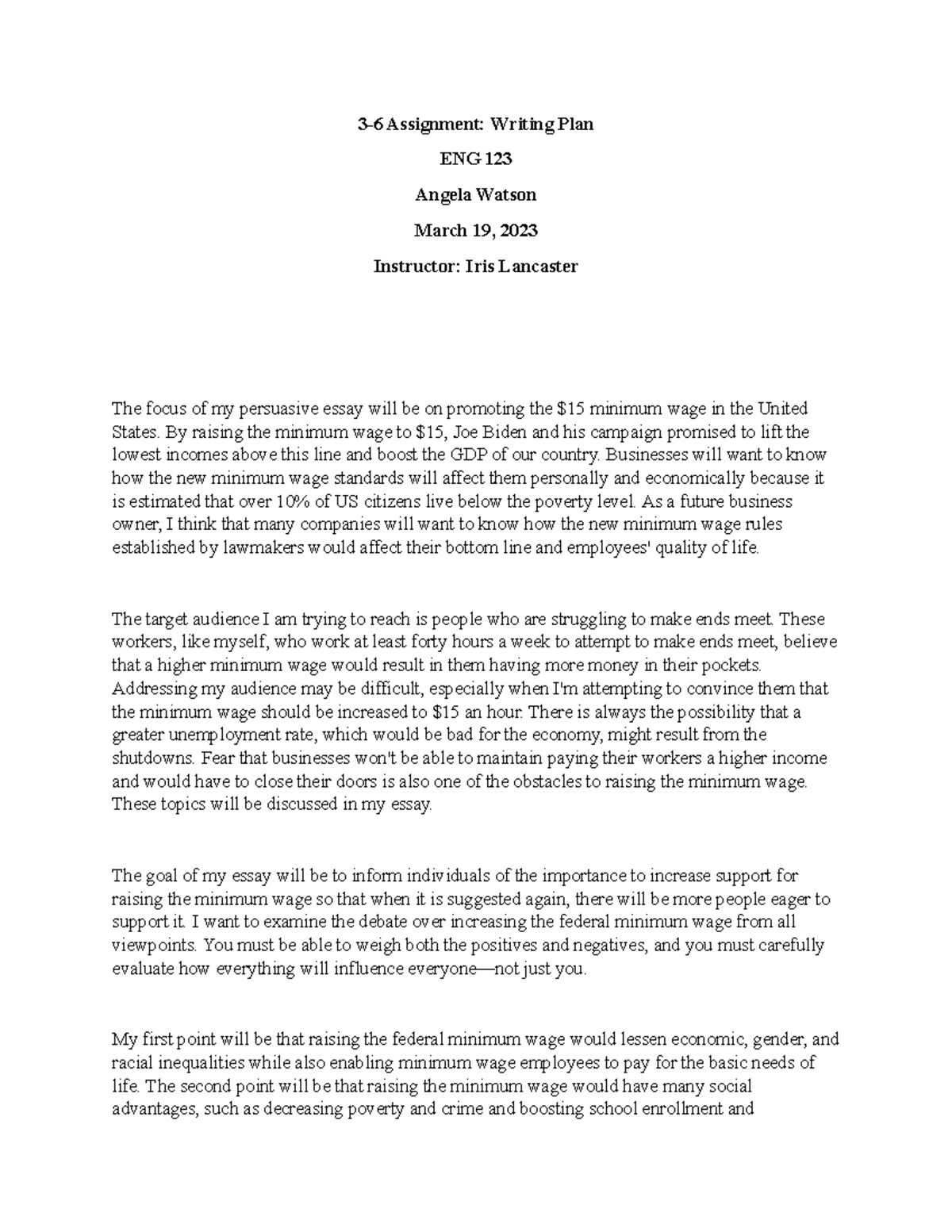 ENG 123 3-6 writing plan - 3-6 Assignment: Writing Plan ENG 123 Angela ...