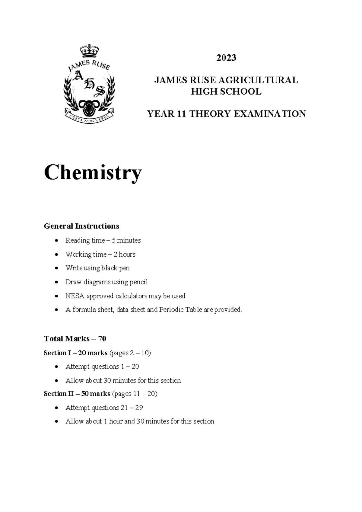 2023 Theory Exam Paper ruse chem prelim - 2023 JAMES RUSE AGRICULTURAL ...