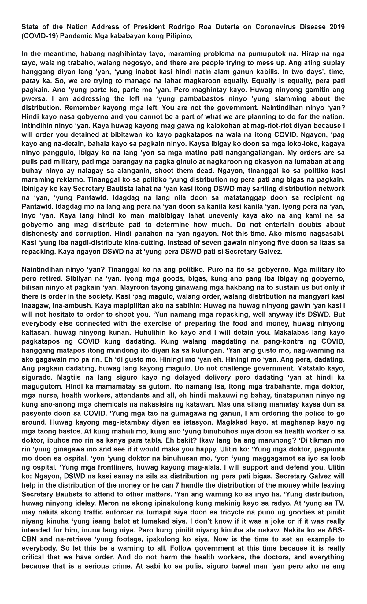 SONA - State of the Nation Address of President Rodrigo Roa Duterte on ...