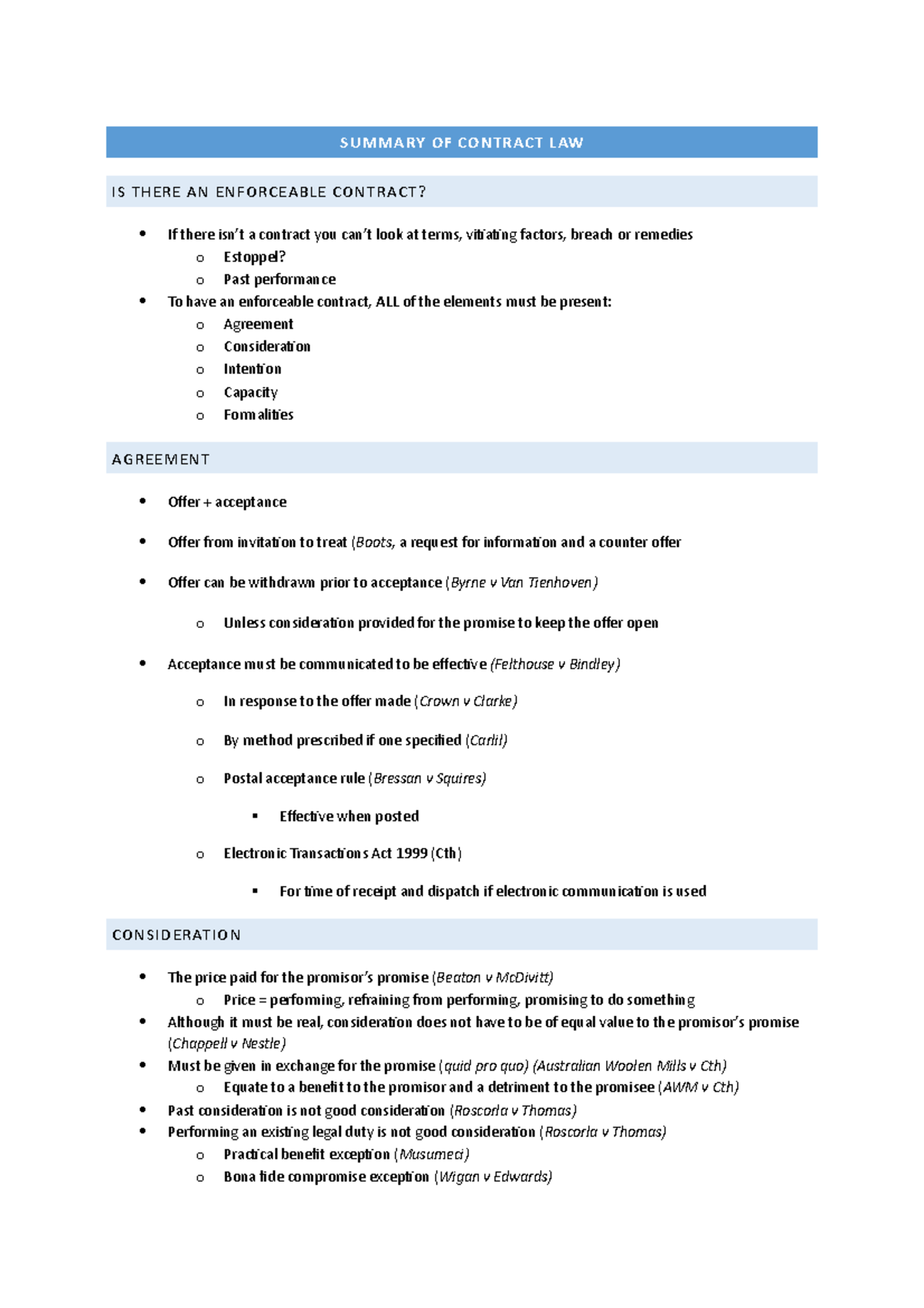 Contract Law summary - SUMMARY OF CONTRACT LAW IS THERE AN ENFORCEABLE ...