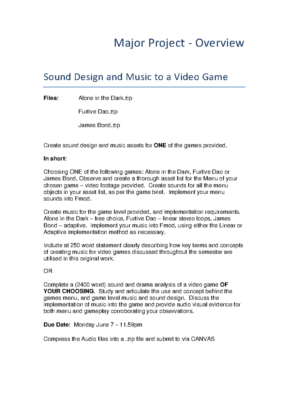 MUSI20173 The Art of Game Music Major Project Overview 2021 - Major ...