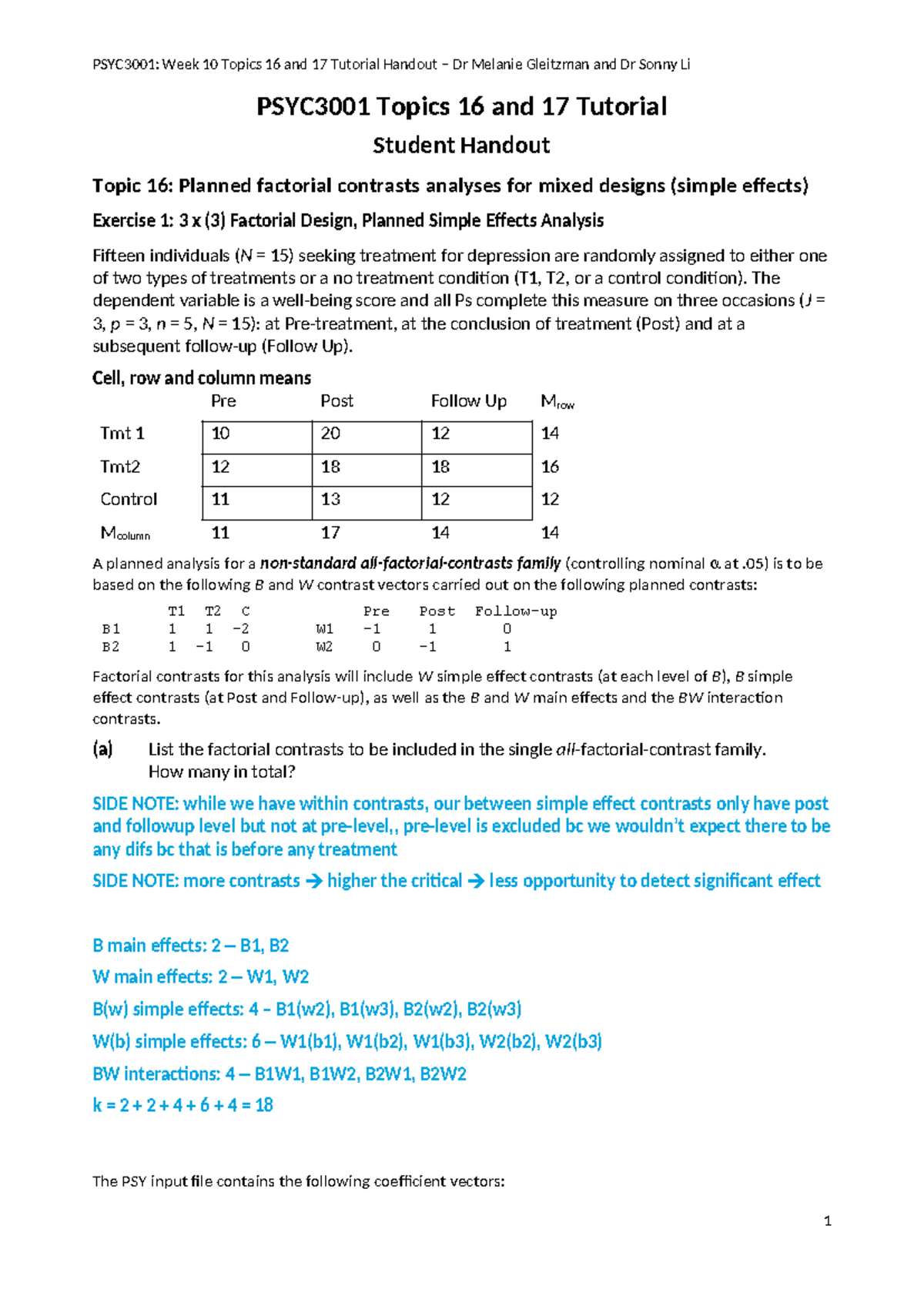 PSYC3001 Topics 16 and 17 Tutorial Handout 2024 - PSYC3001 Topics 16 ...