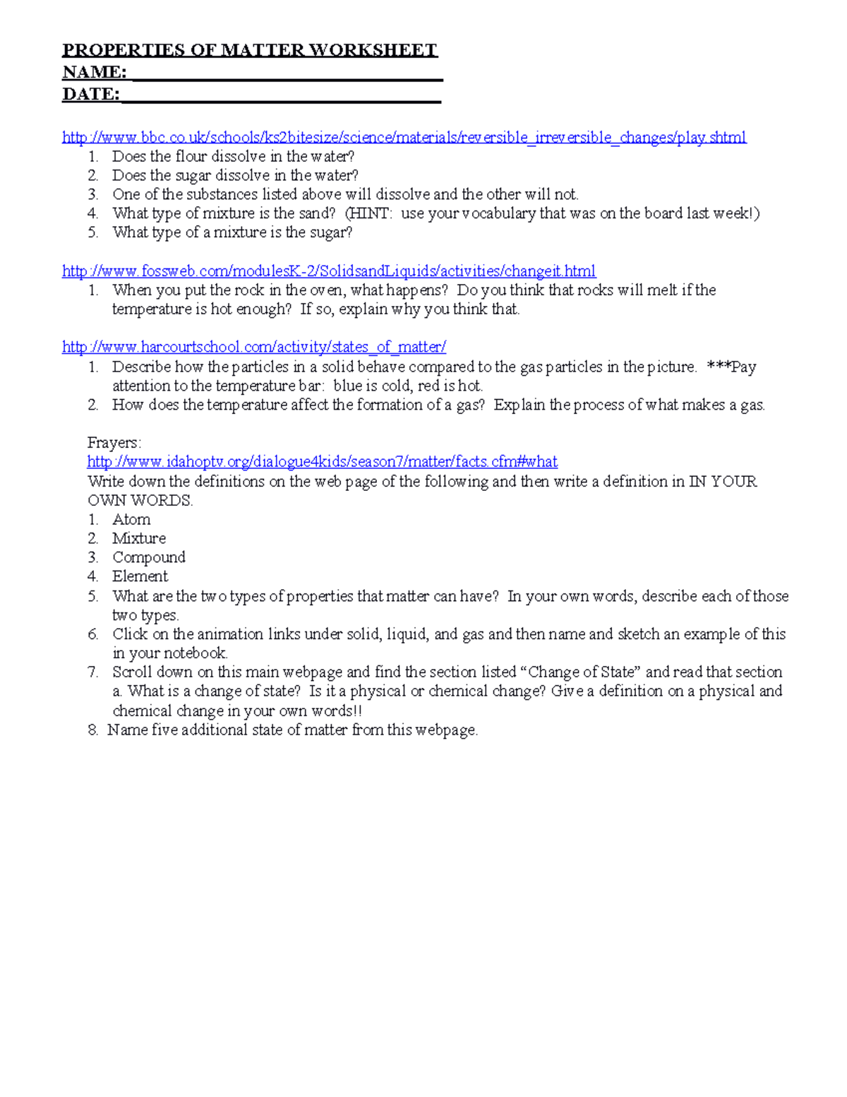 Properties OF Matter Worksheet - PROPERTIES OF MATTER WORKSHEET NAME ...