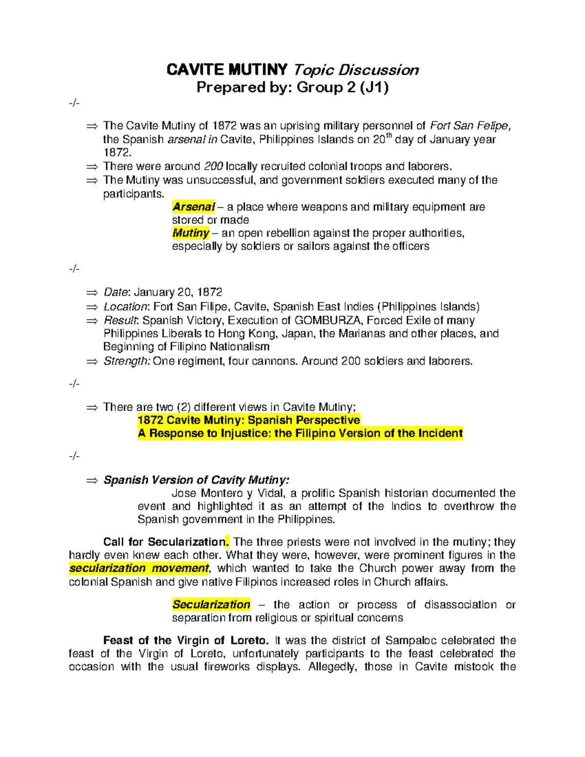 RPH - Cavite Mutiny - CAVITE MUTINY Topic Discussion Prepared by: Group ...