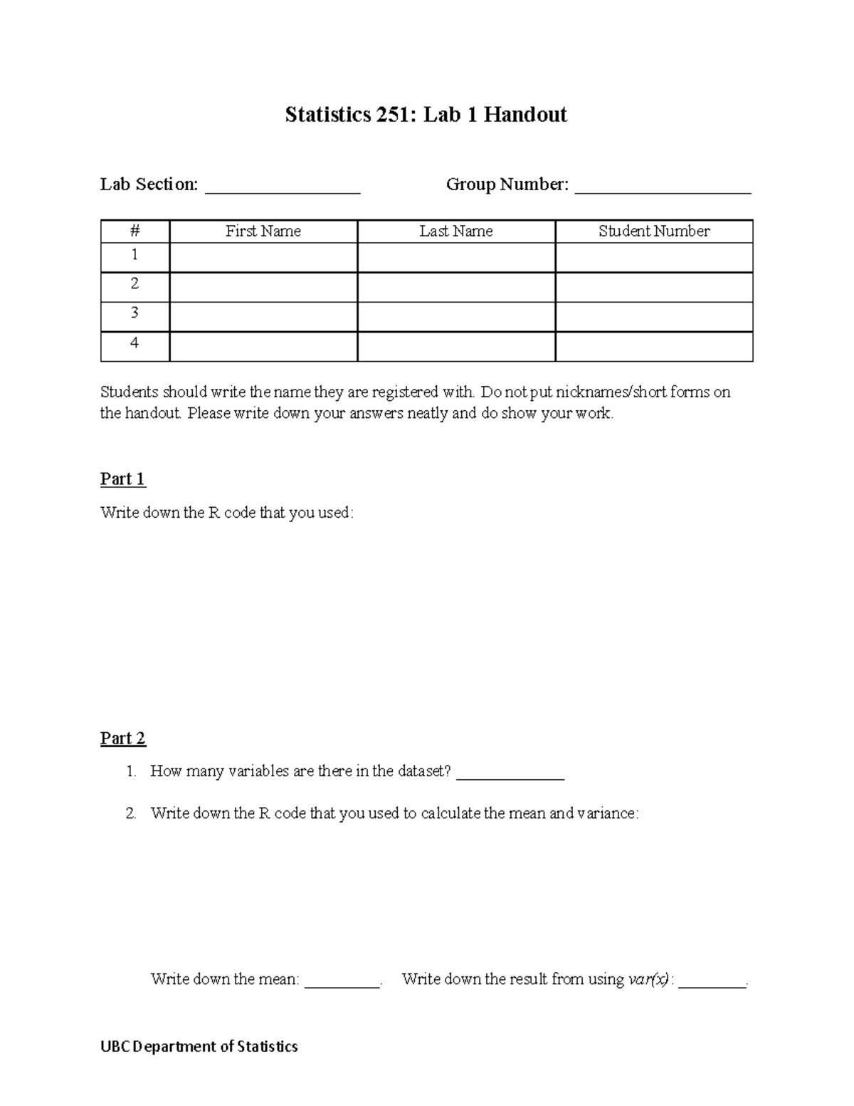Lab1 v1 handout - Lab 1 - UBC Department of Statistics Statistics 251 ...