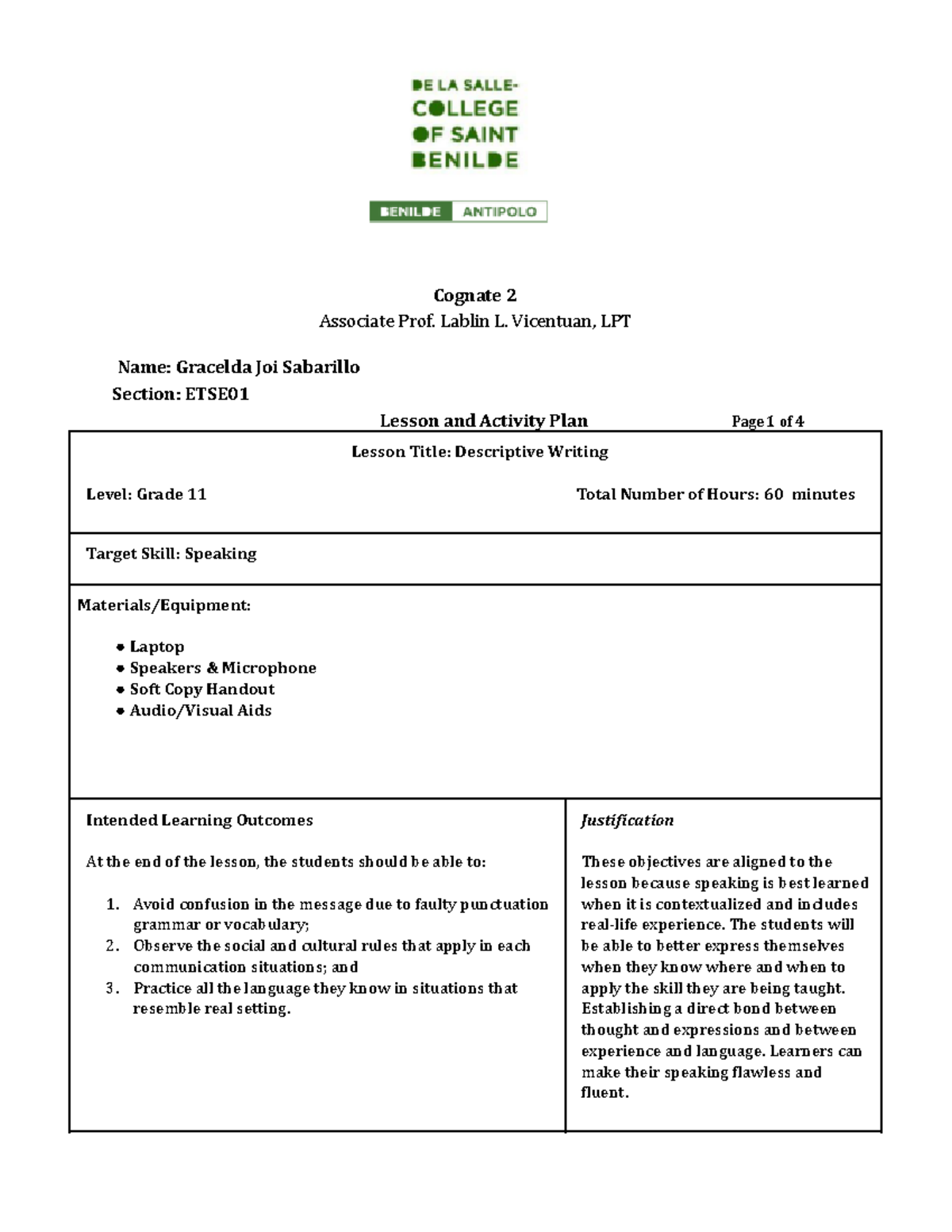 Sabarillo Lesson Plan template final - Cognate 2 Associate Prof. Lablin ...