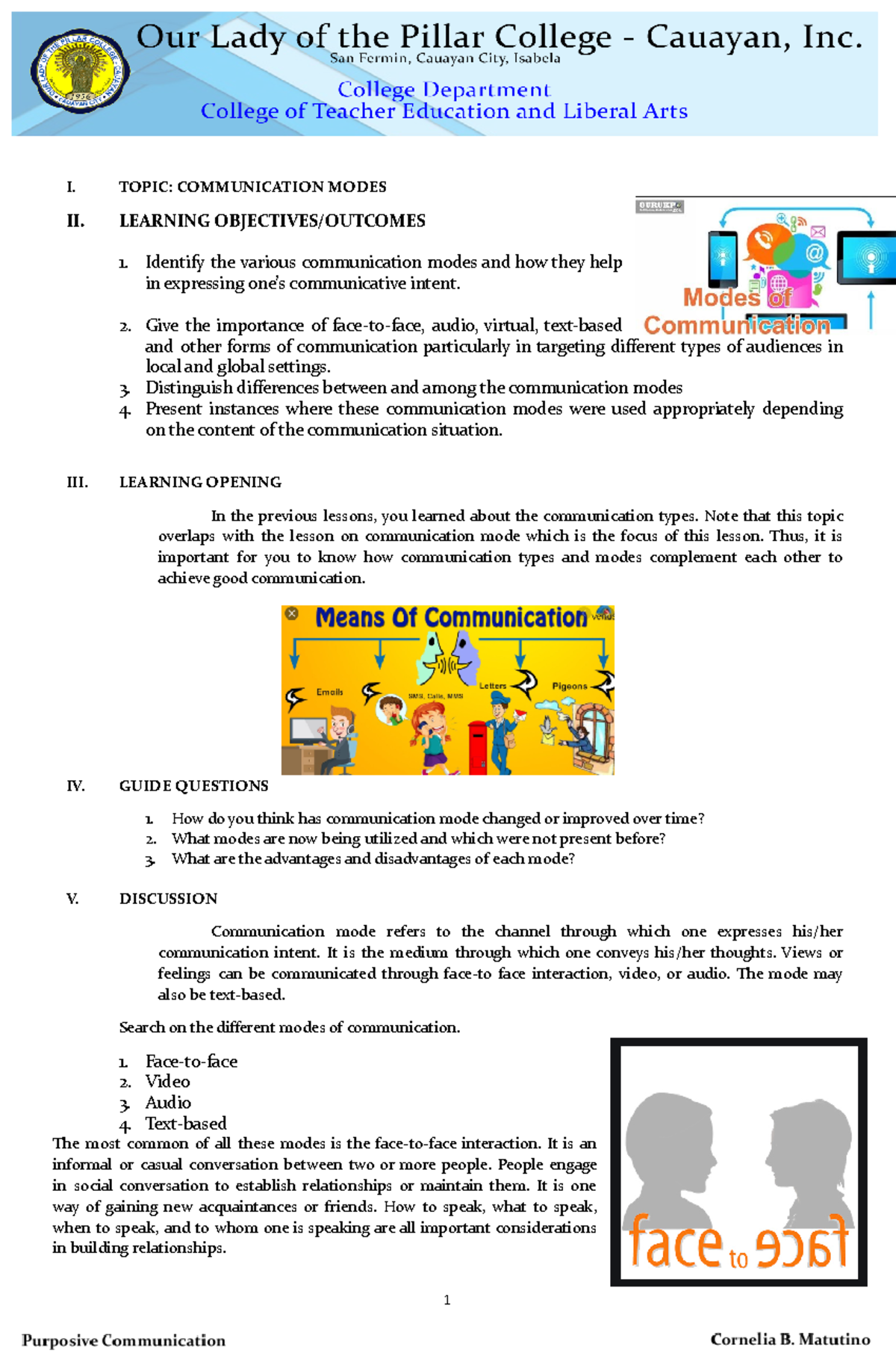 Module-4 Pcom _ COMMUNICATION MODES - I. TOPIC: COMMUNICATION MODES II. LEARNING OBJECTIVES ...
