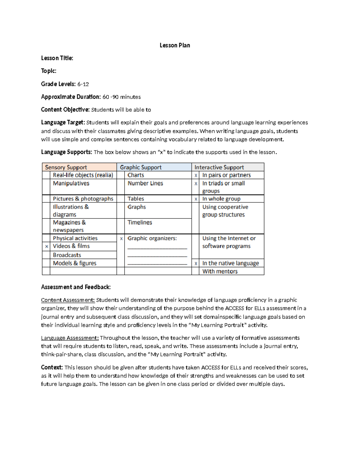 Lesson Plan (ESOL Methodolgy) - Lesson Plan Lesson Title: Topic: Grade ...