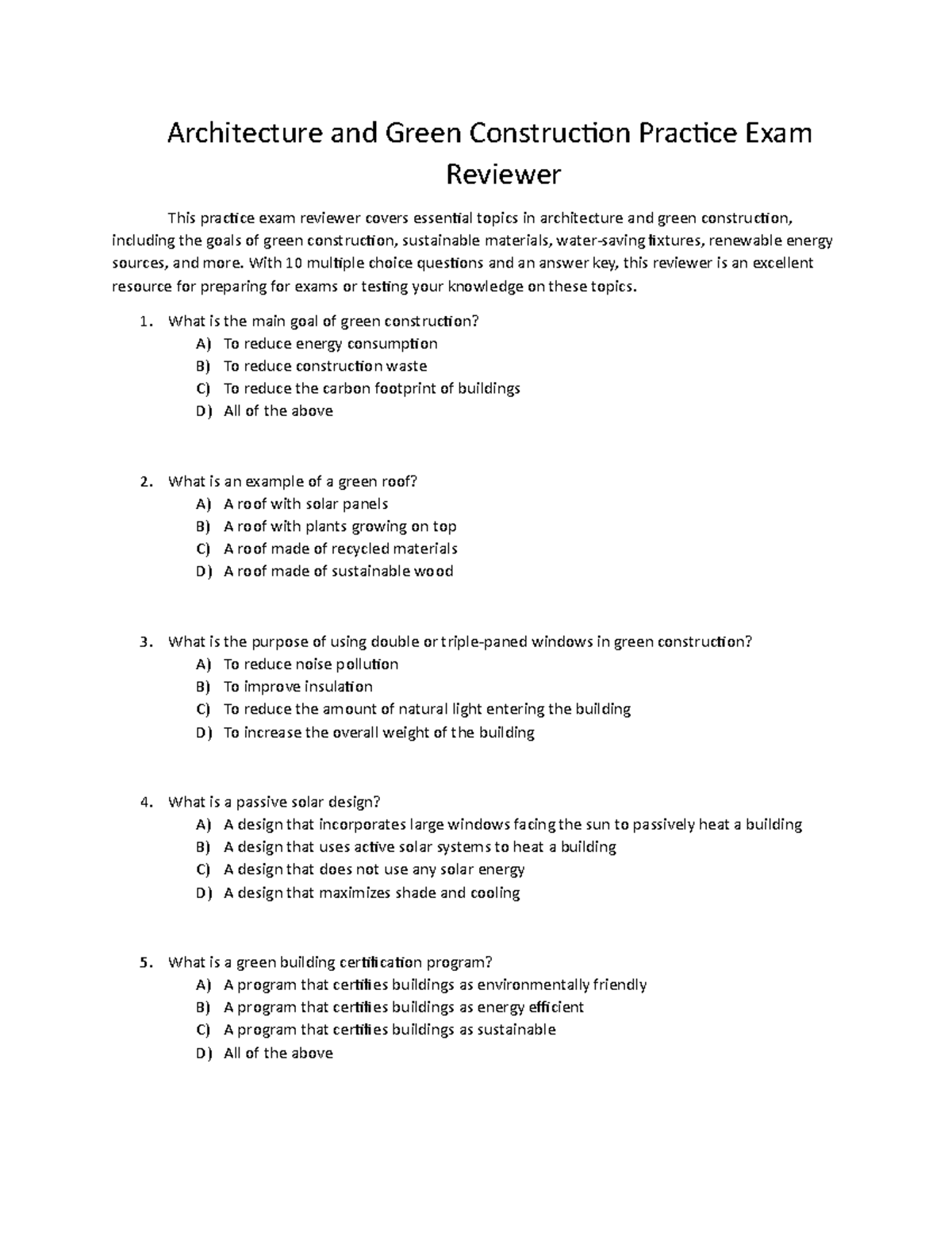 Architecture and Green Construction Practice Exam Reviewer ...