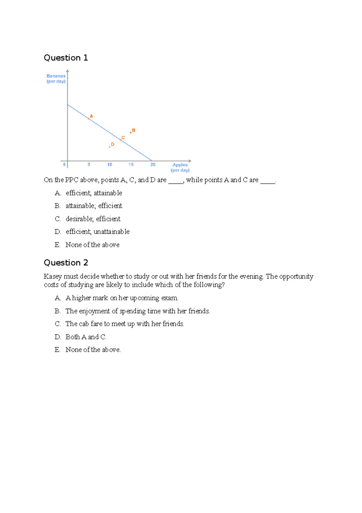 Test 14 2018, questions - Question 1 On the PPC above, points A, C, and ...