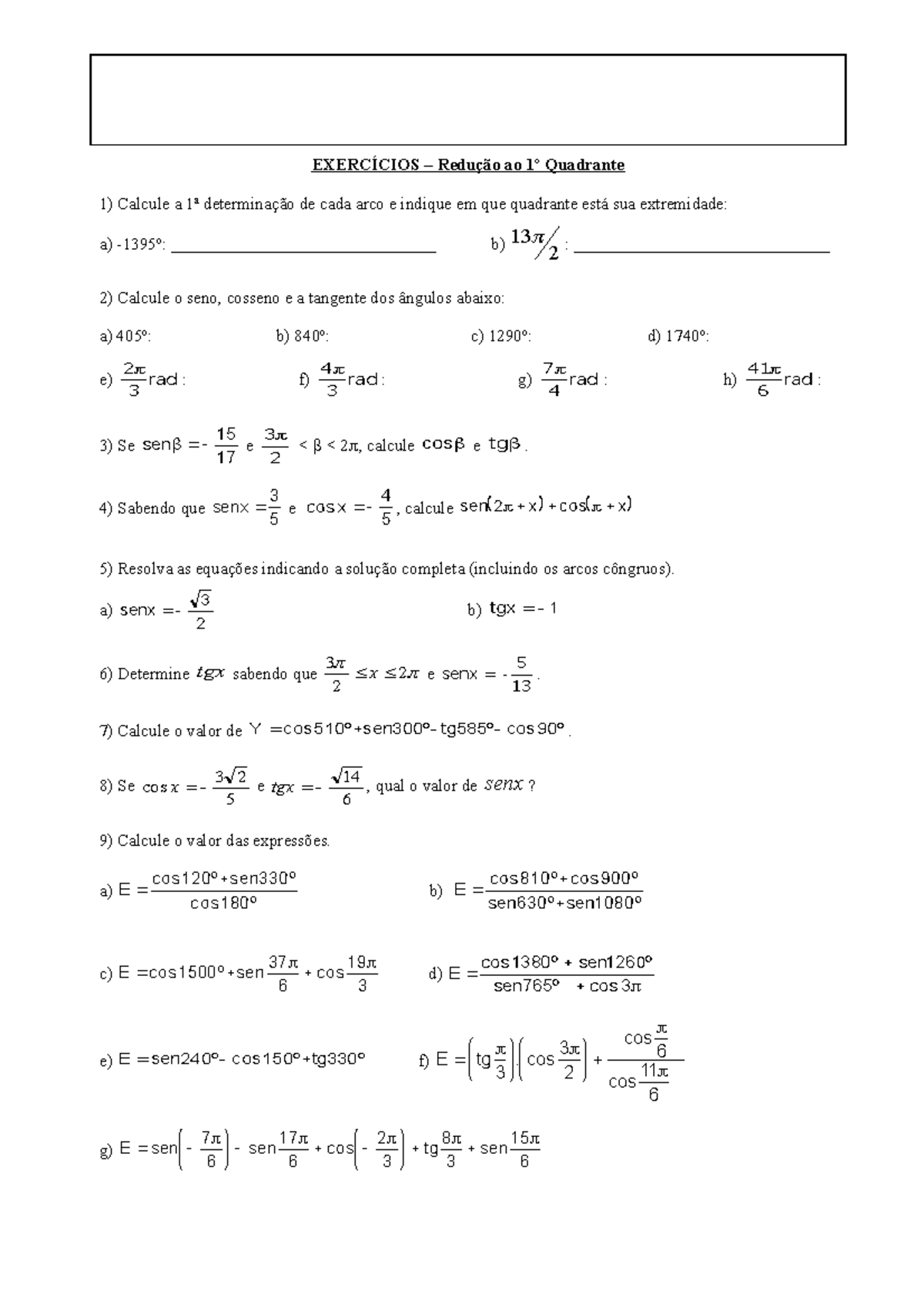 Redução Ao Primeiro Quadrante Exercicios - FDPLEARN