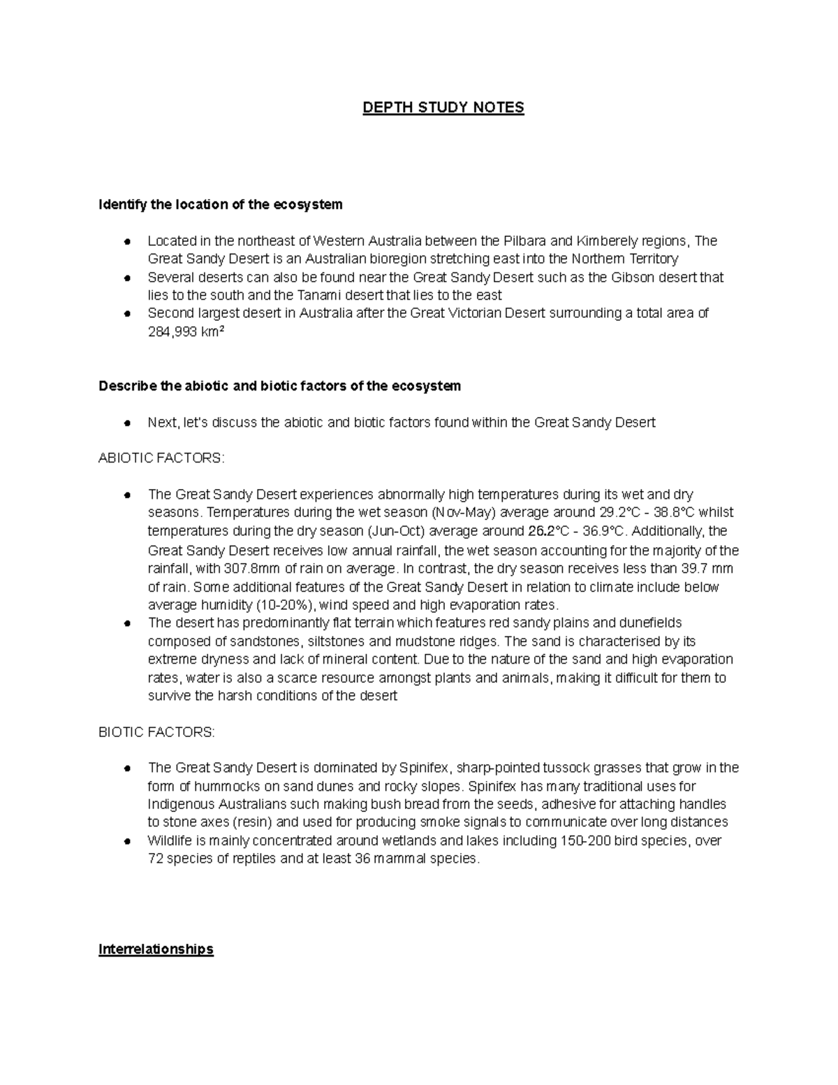 Biology Depth Study Notes (Sample) - DEPTH STUDY NOTES Identify the ...