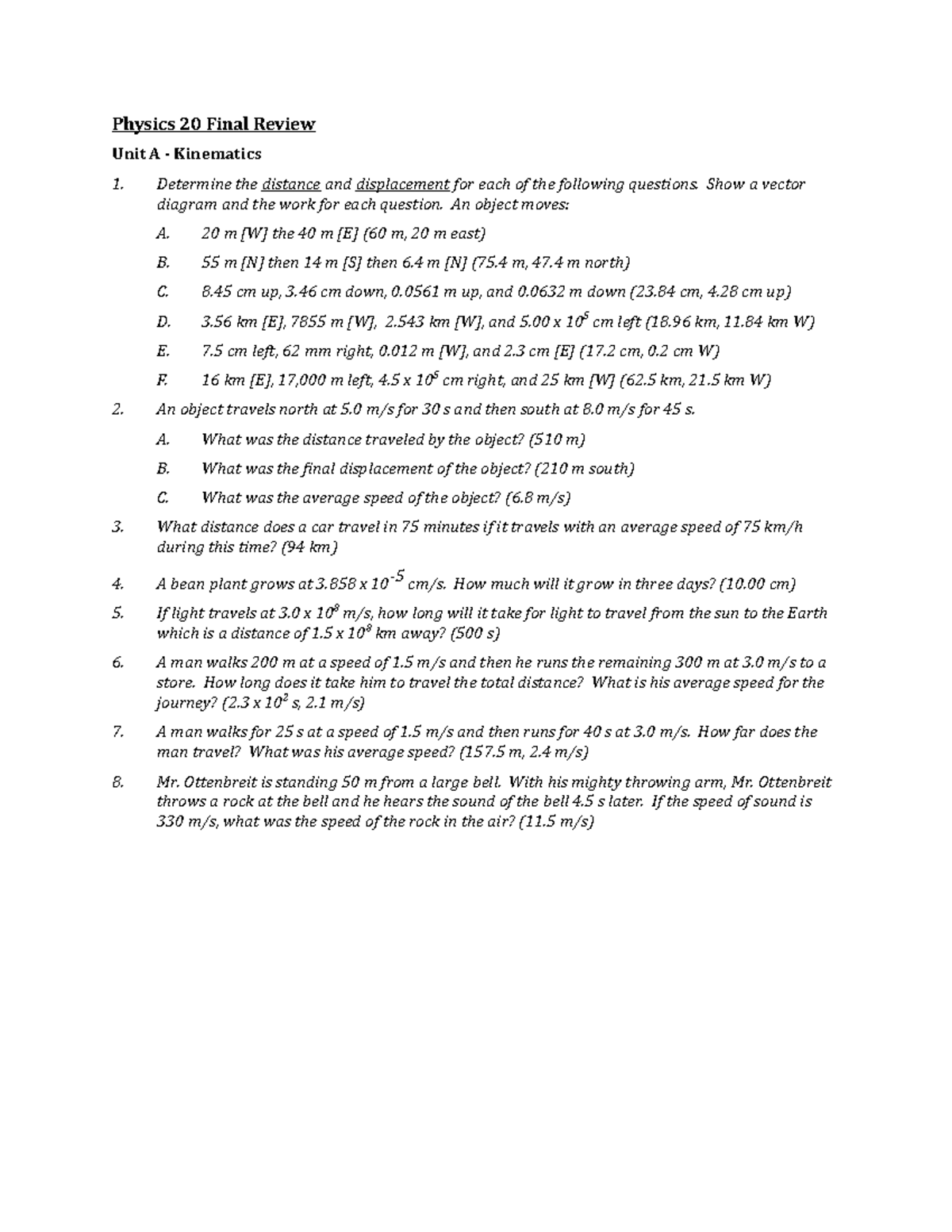 Physics 20 Final Review - Physics 20 Final Review Unit A - Kinematics ...