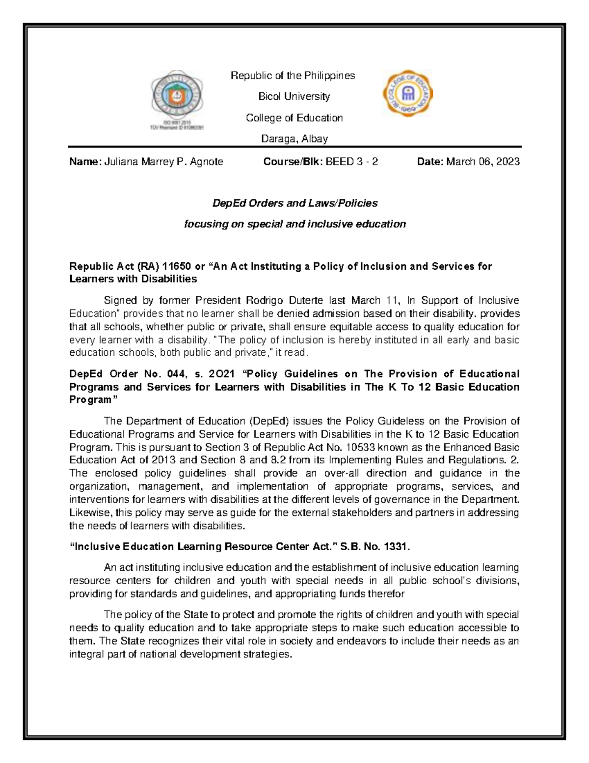 Dep Ed Order and Laws Policies - Republic of the Philippines Bicol ...
