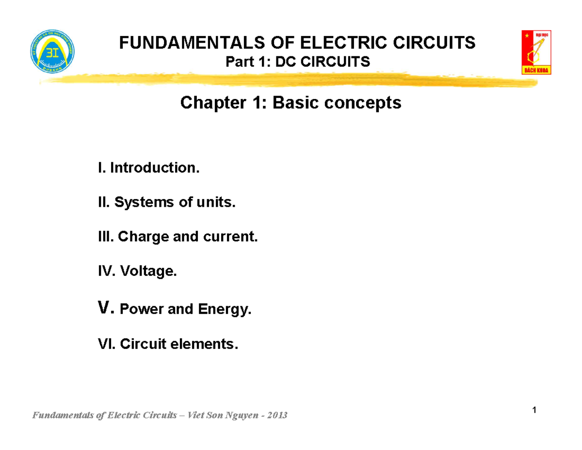 EE3706 - Chapter 1 - Basic concepts - 1 FUNDAMENTALS OF ELECTRIC CIRCUITS Part 1: DC CIRCUITS ...