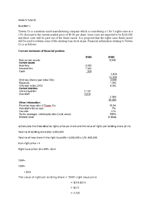 Tutorial 7 - 1315 - Tutorial 7 Corporate Finance 1. Briefly describe ...