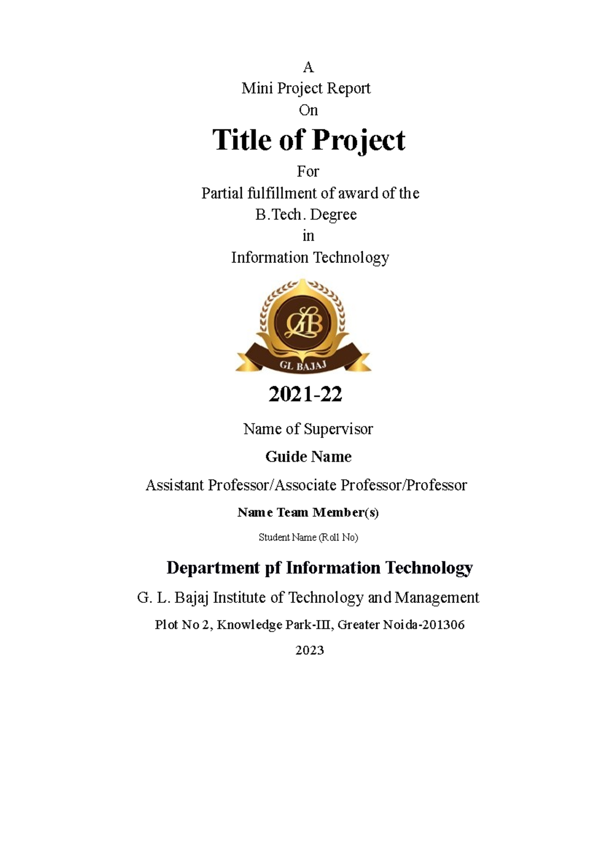 Mini Project Report Format - A Mini Project Report On Title of Project ...