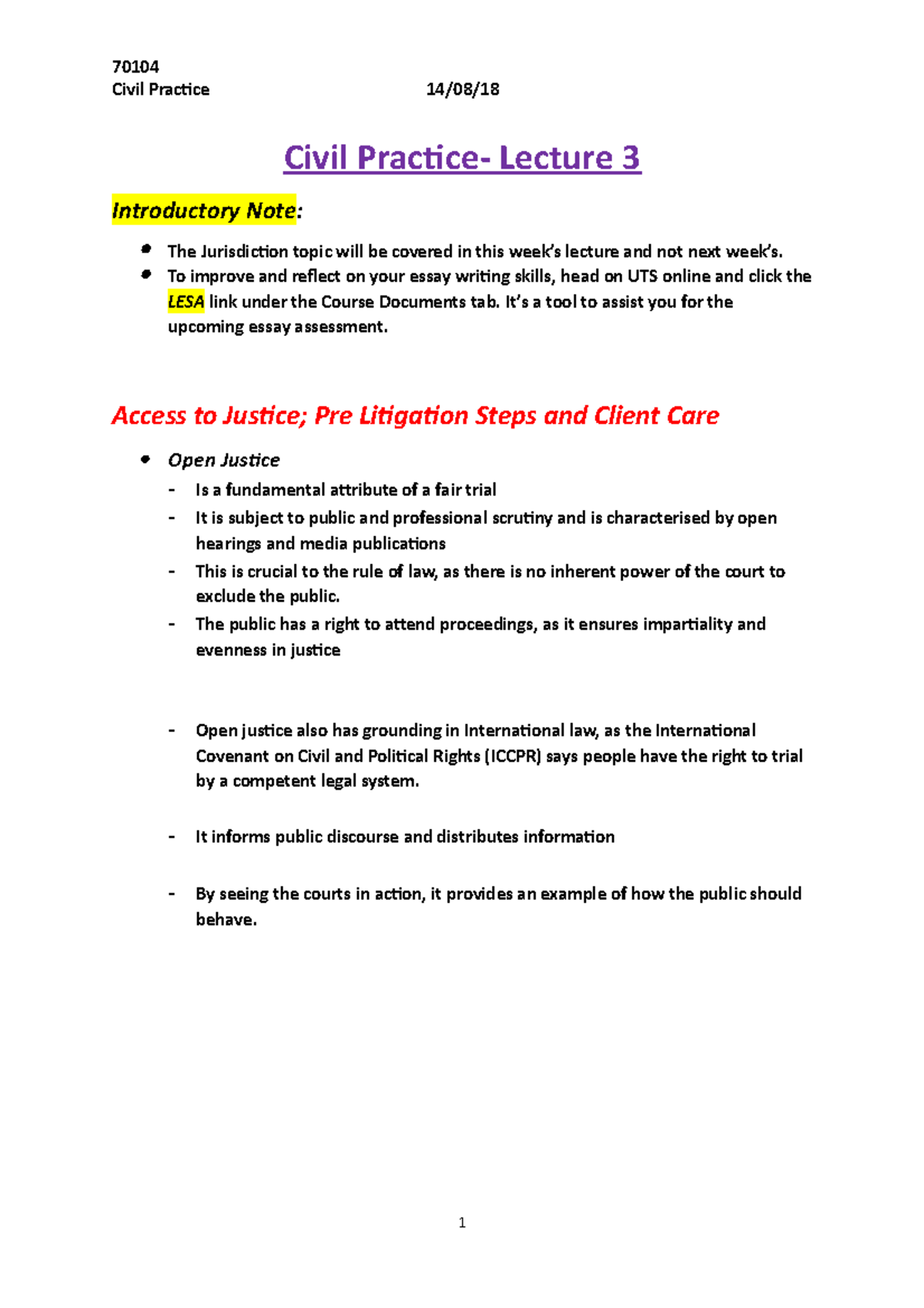 Lecture 3- 14th August 2018- 70104 Civil Practice - Civil Pracice 14/08 ...